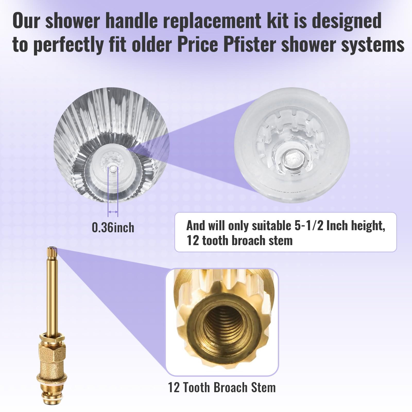 hansengroe Shower Knobs 3 Piece Replacement for Price Pfister Bathtub Faucet Handles, 12 Point Broach, Clear Acrylic Shower Handles Hot and Cold Replacement Kit Include Diverter