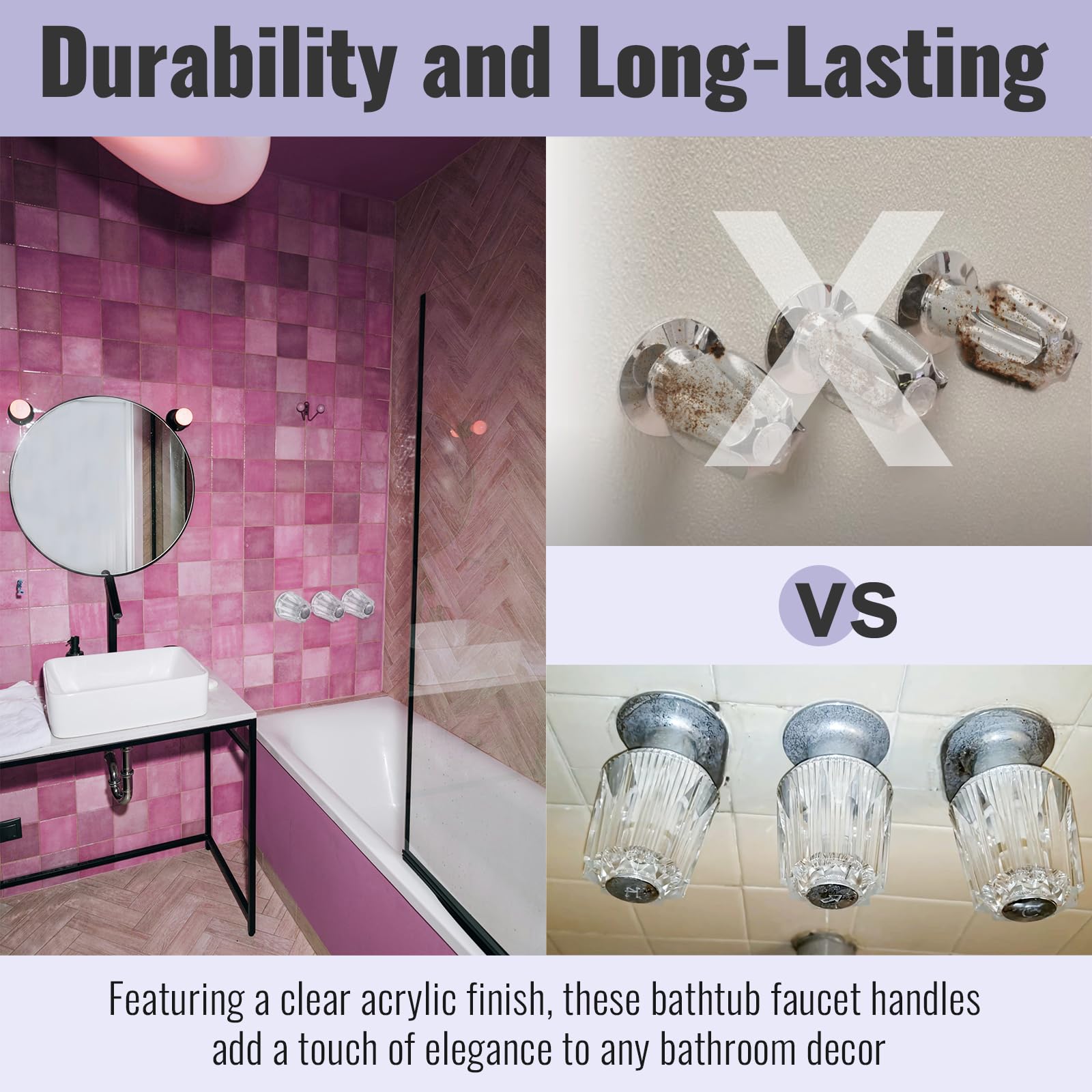 hansengroe Shower Knobs 3 Piece Replacement for Price Pfister Bathtub Faucet Handles, 12 Point Broach, Clear Acrylic Shower Handles Hot and Cold Replacement Kit Include Diverter
