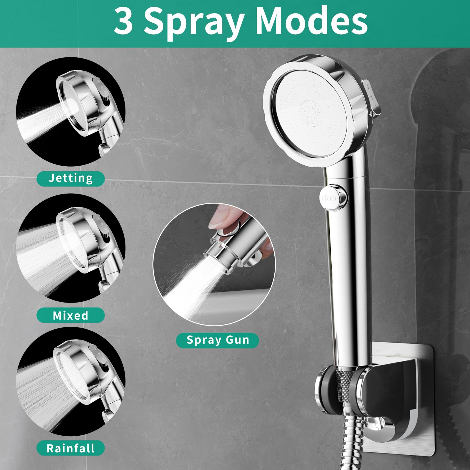 HEROBAI Sink Hose Sprayer Attachment for Faucet, 3 Mode Shower Head Attaches to Tub Faucet with 5 Adapters, High Pressure Shower Head for Bathtub, Handheld Showerhead with Filter (Chrome)