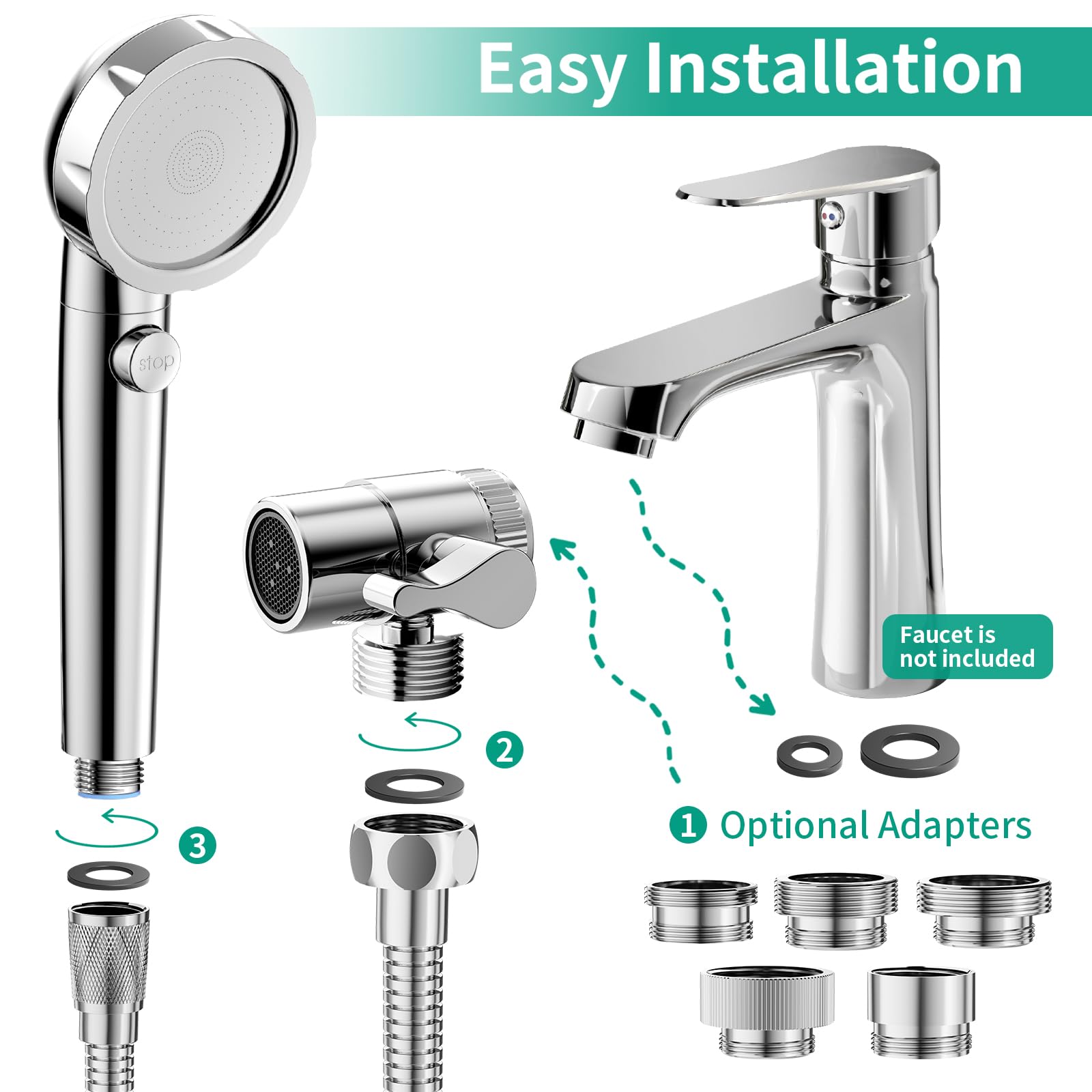 HEROBAI Sink Hose Sprayer Attachment for Faucet, 3 Mode Shower Head Attaches to Tub Faucet with 5 Adapters, High Pressure Shower Head for Bathtub, Handheld Showerhead with Filter (Chrome)