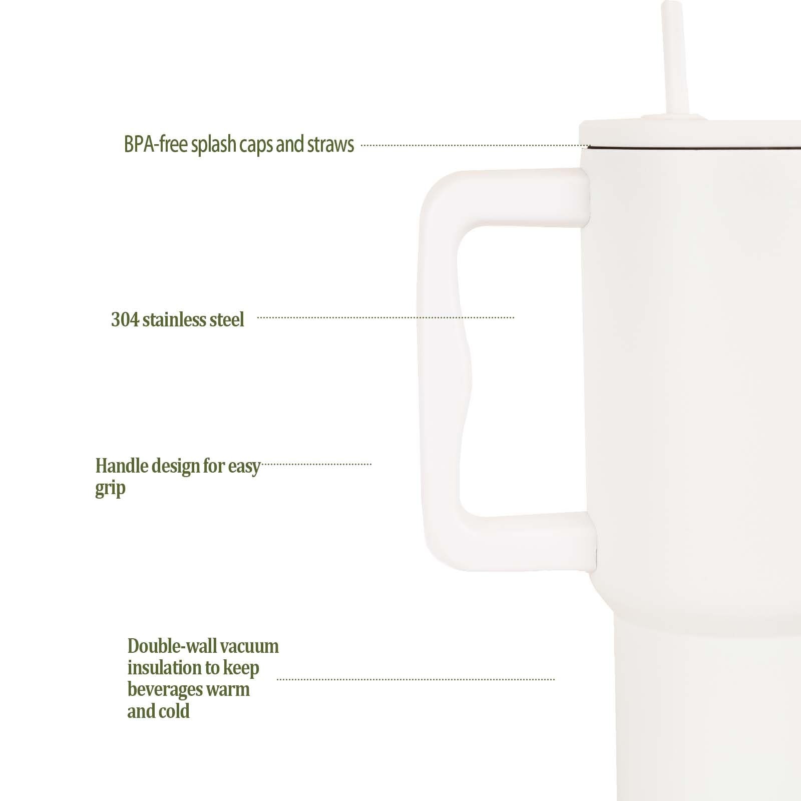 HIZEE 40 oz Tumbler with Handle and Straw,Reusable Stainless Steel Water Bottle Travel Mug Cupholder Friendly,Keeps Cold for 34 Hours, Gifts for Women Men Him Her(white)