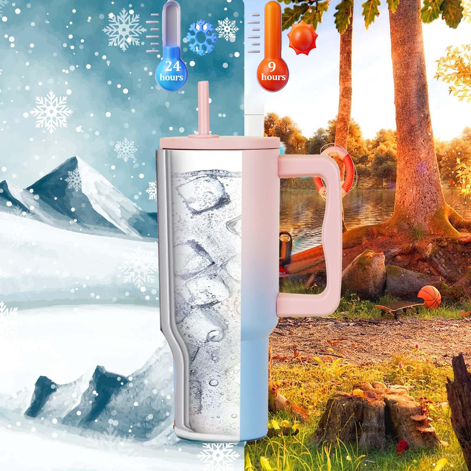 HIZEE 40 oz Tumbler with Handle and Straw,Reusable Stainless Steel Water Bottle Travel Mug Cupholder Friendly,Keeps Cold for 34 Hours, Gifts for Women Men Him Her(pink blue)