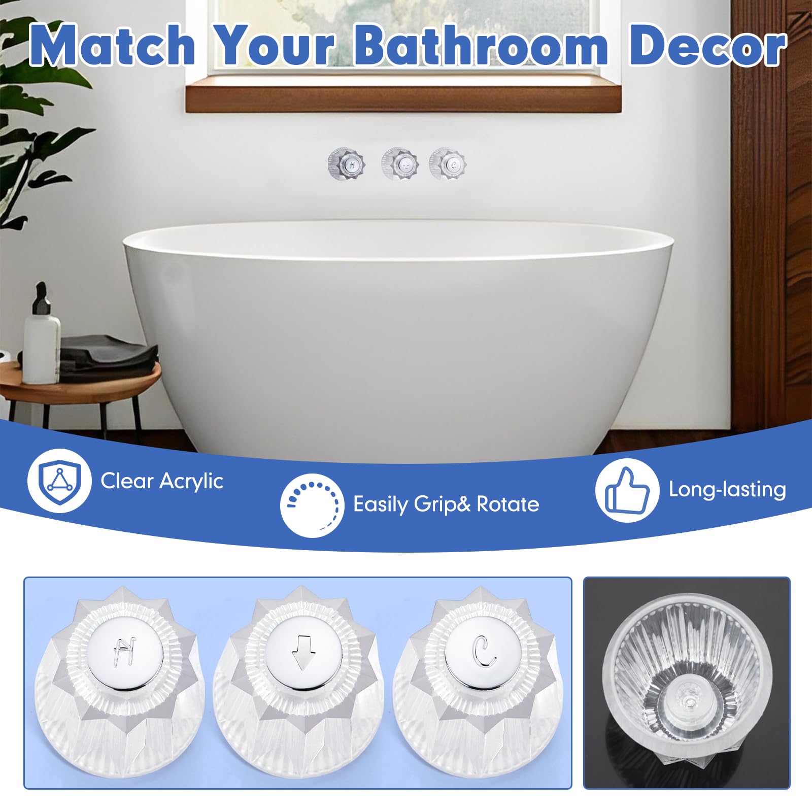 ZephyrJazz Bathtub and Shower 3 Piece Windsor Replacement Handles for Price Pfister Systems, 12 Point Broach,3 Piece Set of Hot, Cold, Diverter, Clear Acrylic