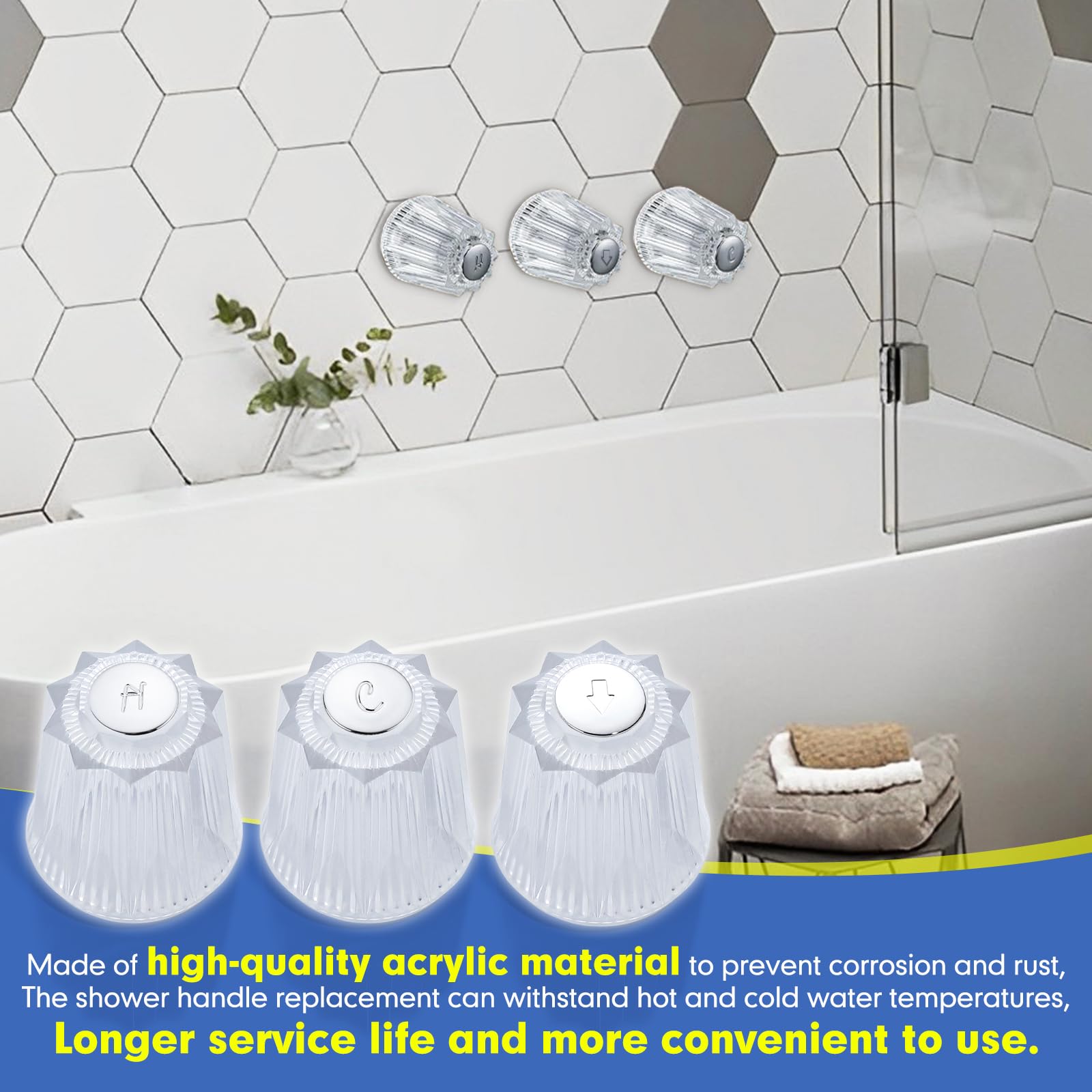 ZephyrJazz Bathtub and Shower 3 Piece Windsor Replacement Handles for Price Pfister Systems, 12 Point Broach,3 Piece Set of Hot, Cold, Diverter, Clear Acrylic