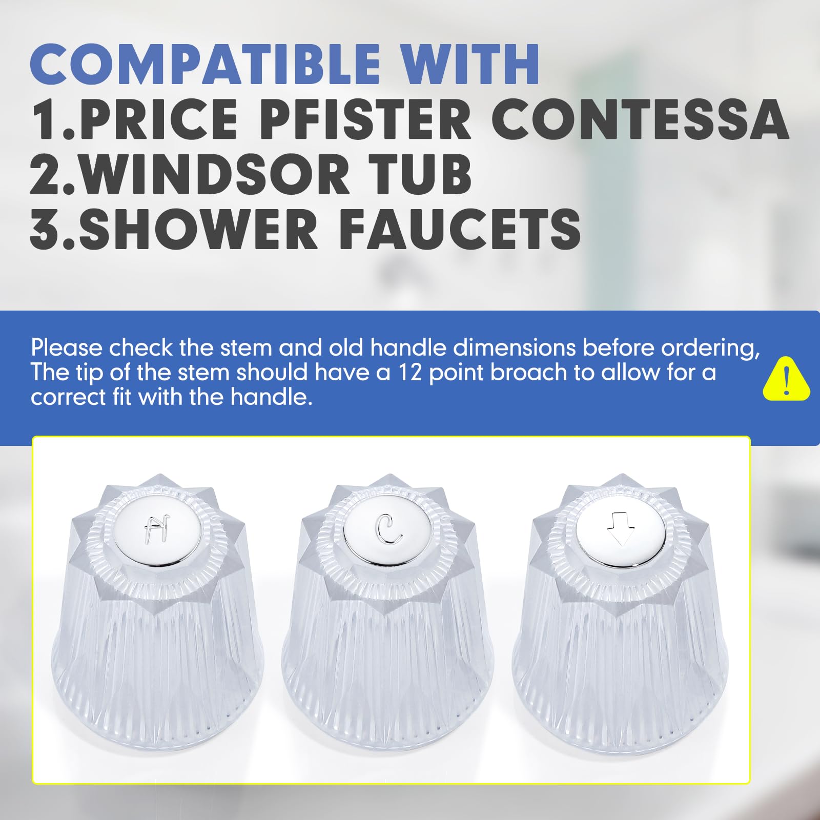 ZephyrJazz Bathtub and Shower 3 Piece Windsor Replacement Handles for Price Pfister Systems, 12 Point Broach,3 Piece Set of Hot, Cold, Diverter, Clear Acrylic
