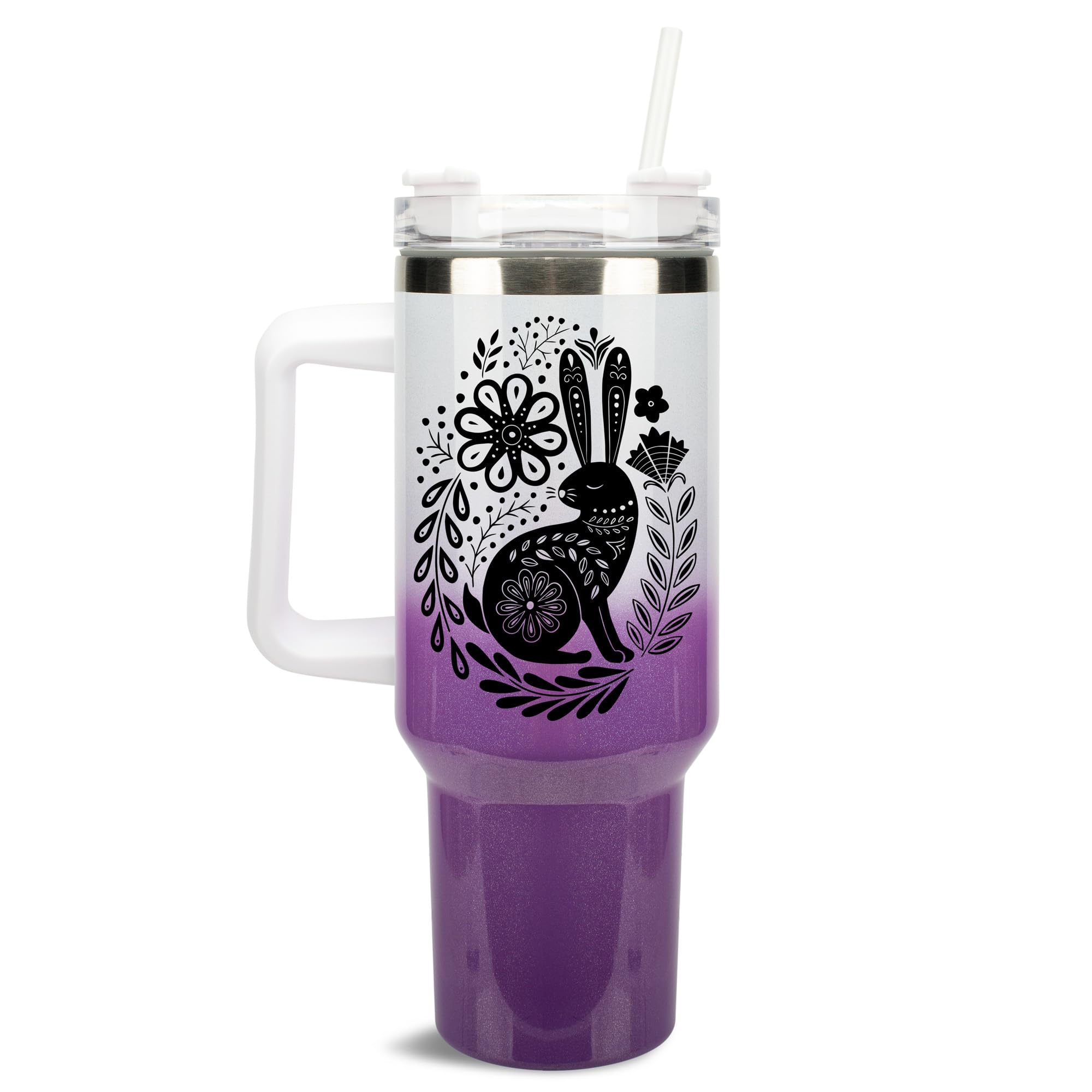 Elanze Designs Woodland Bunny Rabbit Flower Garden 40 oz. Stainless Steel, Large Water Bottle Coffee Mug, Spill & Leak Resistant, Thermal Travel Tumbler with Handle, Lid & Straw, White/Purple
