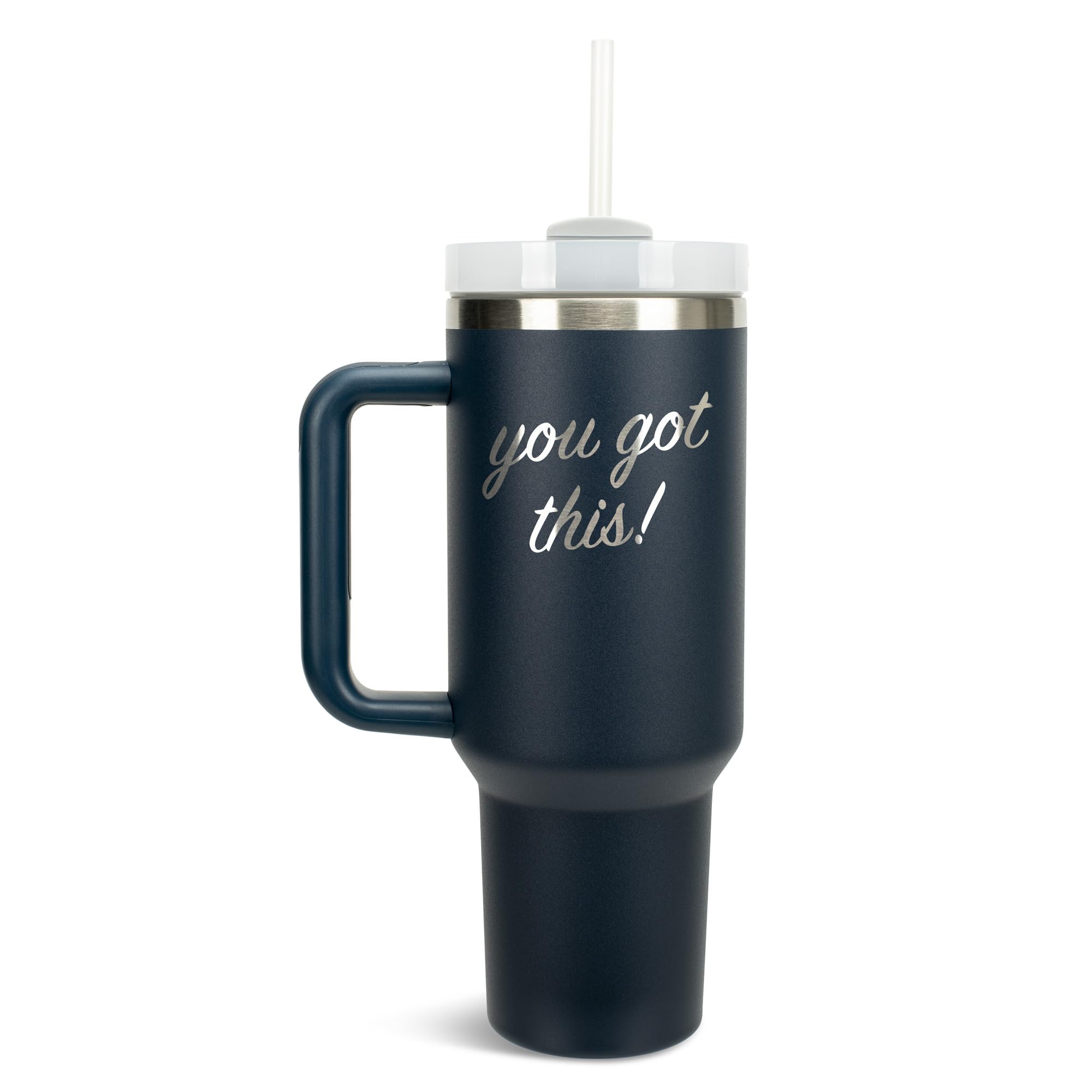 Elanze Designs You Got This! Motivation 40 oz. Stainless Steel, Large Water Bottle Coffee Mug, Spill & Leak Resistant, Thermal Travel Tumbler with Handle, Lid & Straw, Navy Blue
