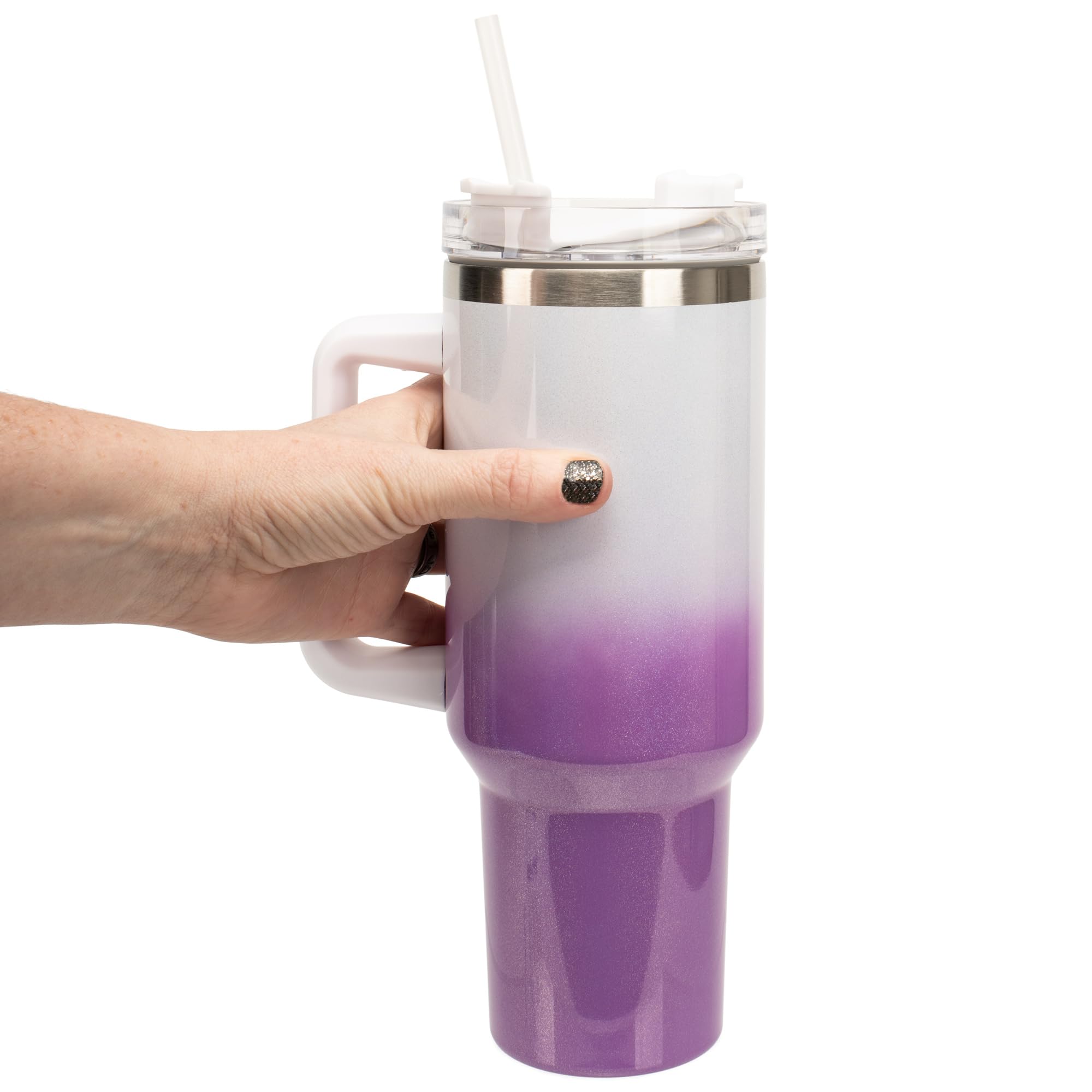 Elanze Designs It's Fine I'm Fine Everything's Fine 40 oz. Stainless Steel, Large Water Bottle Coffee Mug, Spill & Leak Resistant, Thermal Travel Tumbler with Handle, Lid & Straw, White/Purple