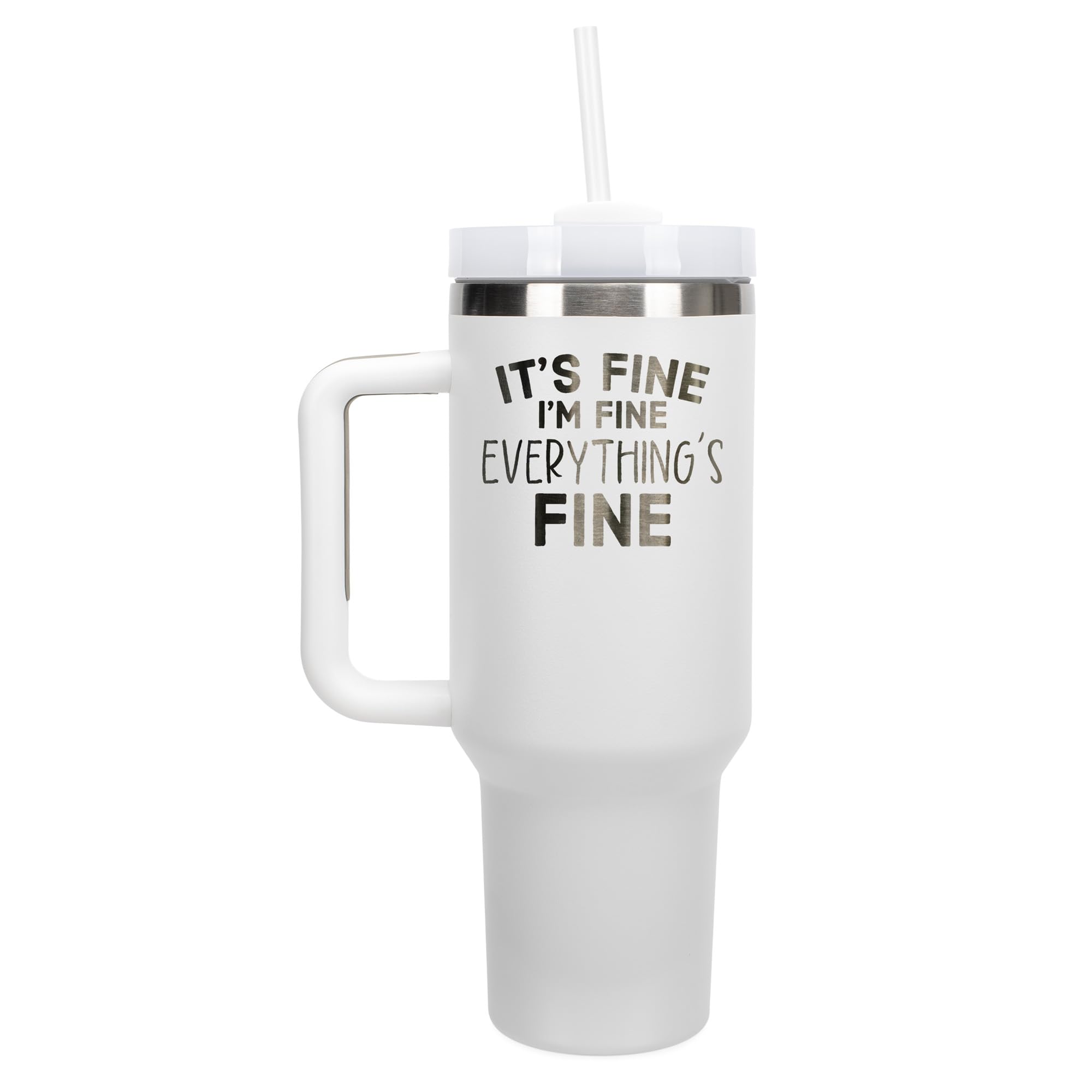 Elanze Designs It's Fine I'm Fine Everything's Fine 40 oz. Stainless Steel, Large Water Bottle Coffee Mug, Spill & Leak Resistant, Thermal Travel Tumbler with Handle, Lid & Straw, White