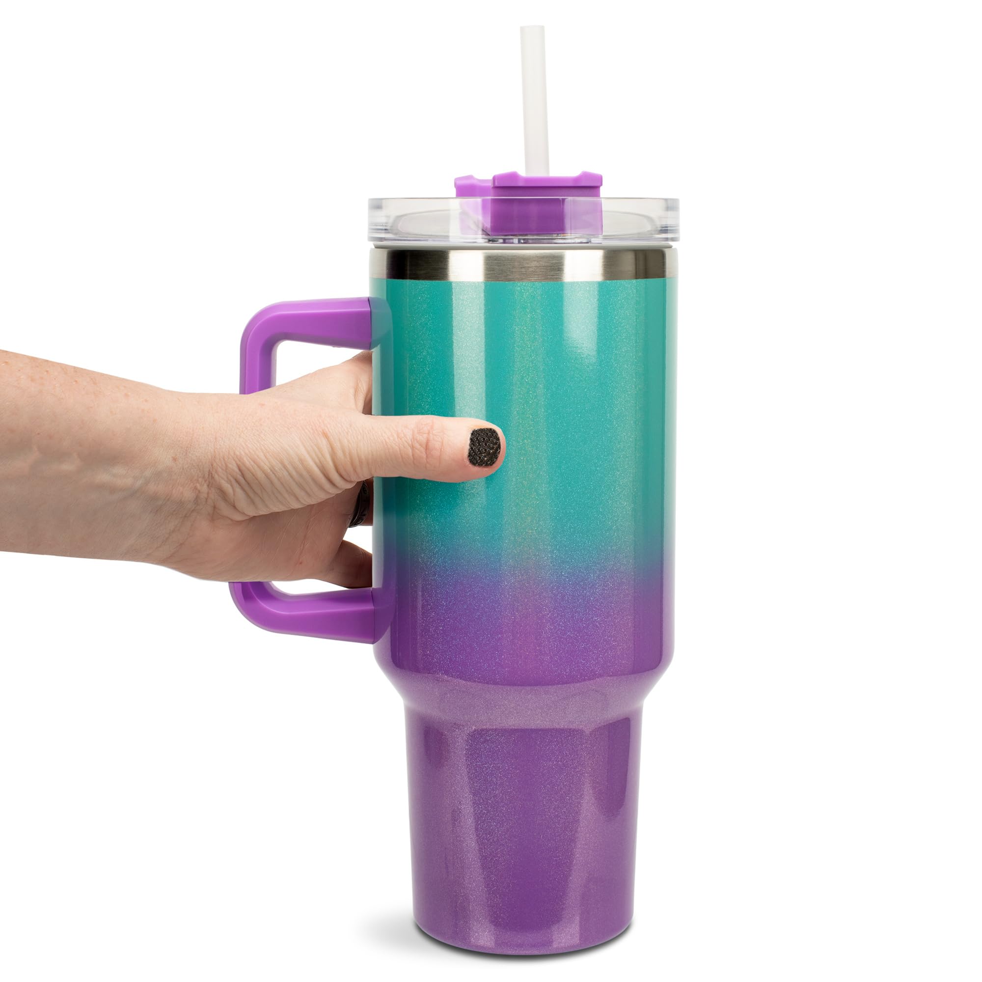 Elanze Designs It's Fine I'm Fine Everything's Fine 40 oz. Stainless Steel, Large Water Bottle Coffee Mug, Spill & Leak Resistant, Thermal Travel Tumbler with Handle, Lid & Straw, Teal/Purple