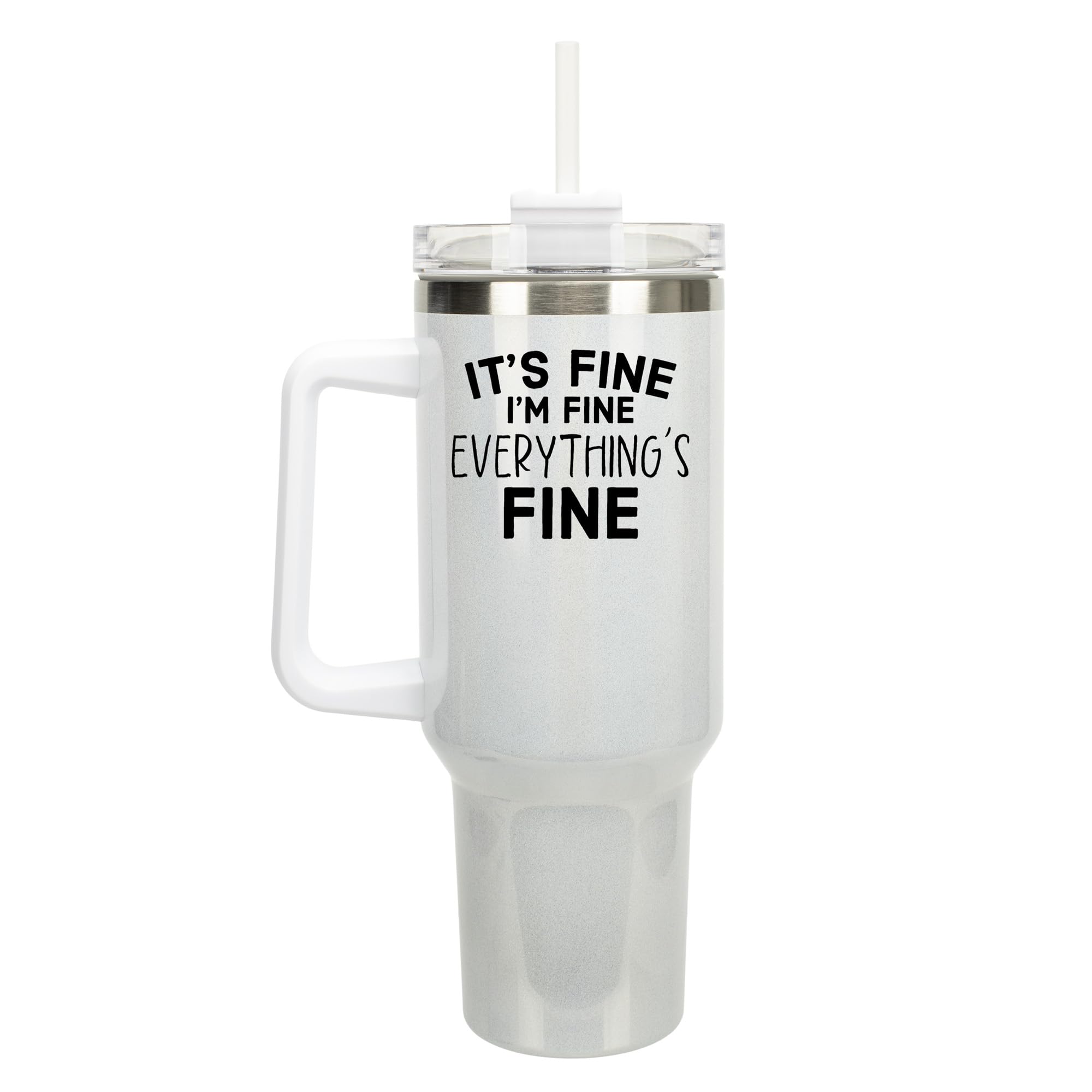 Elanze Designs It's Fine I'm Fine Everything's Fine 40 oz. Stainless Steel, Large Water Bottle Coffee Mug, Spill & Leak Resistant, Thermal Travel Tumbler with Handle, Lid & Straw, White Shimmer