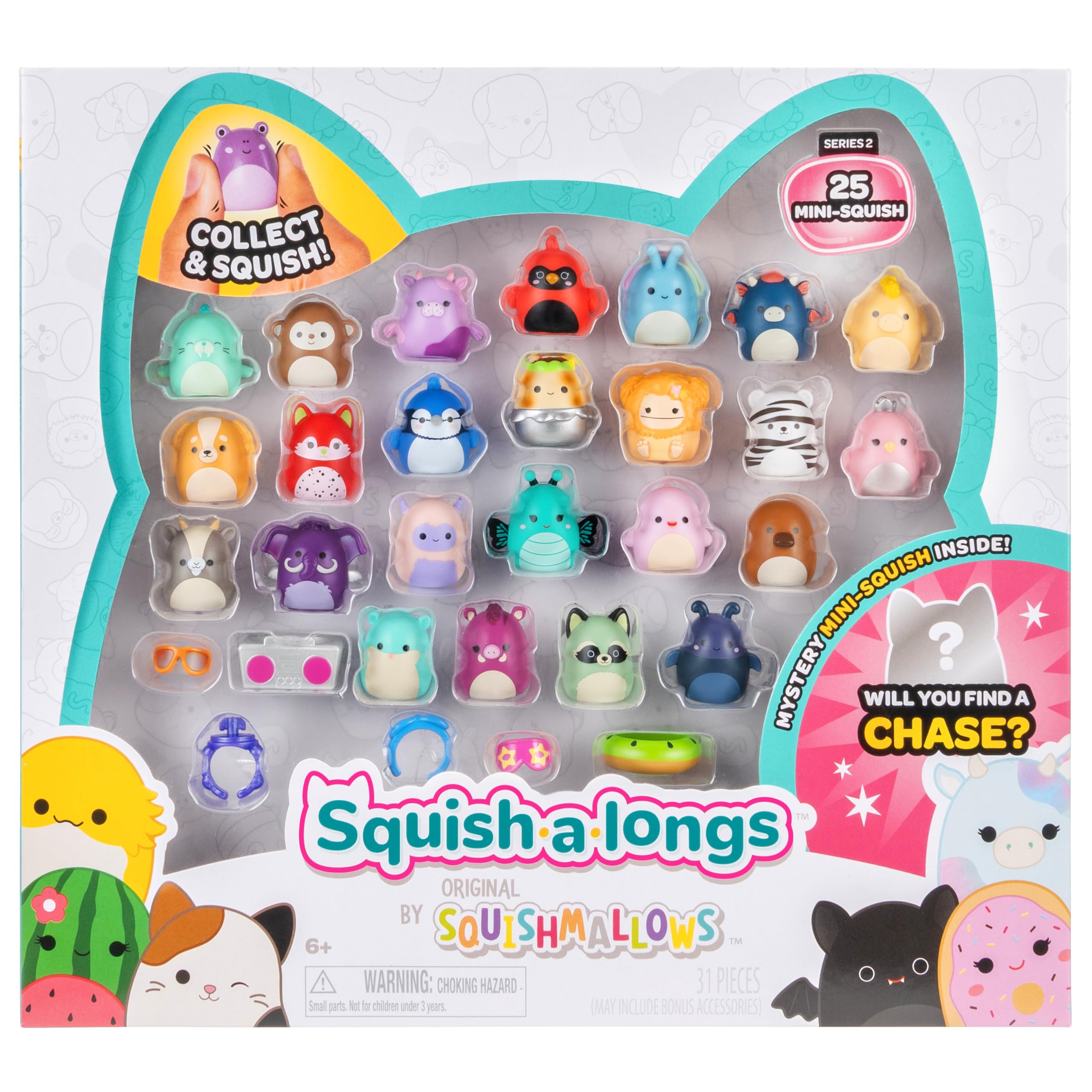Squish-a-longs by Squishmallows 25 Pack - Series 2 - (25) 1” Mini-Squish, 5 Accessories, 1 Ring, & 1 Collector’s Guide - 2 Chase Figures - Collect, Trade, & Play