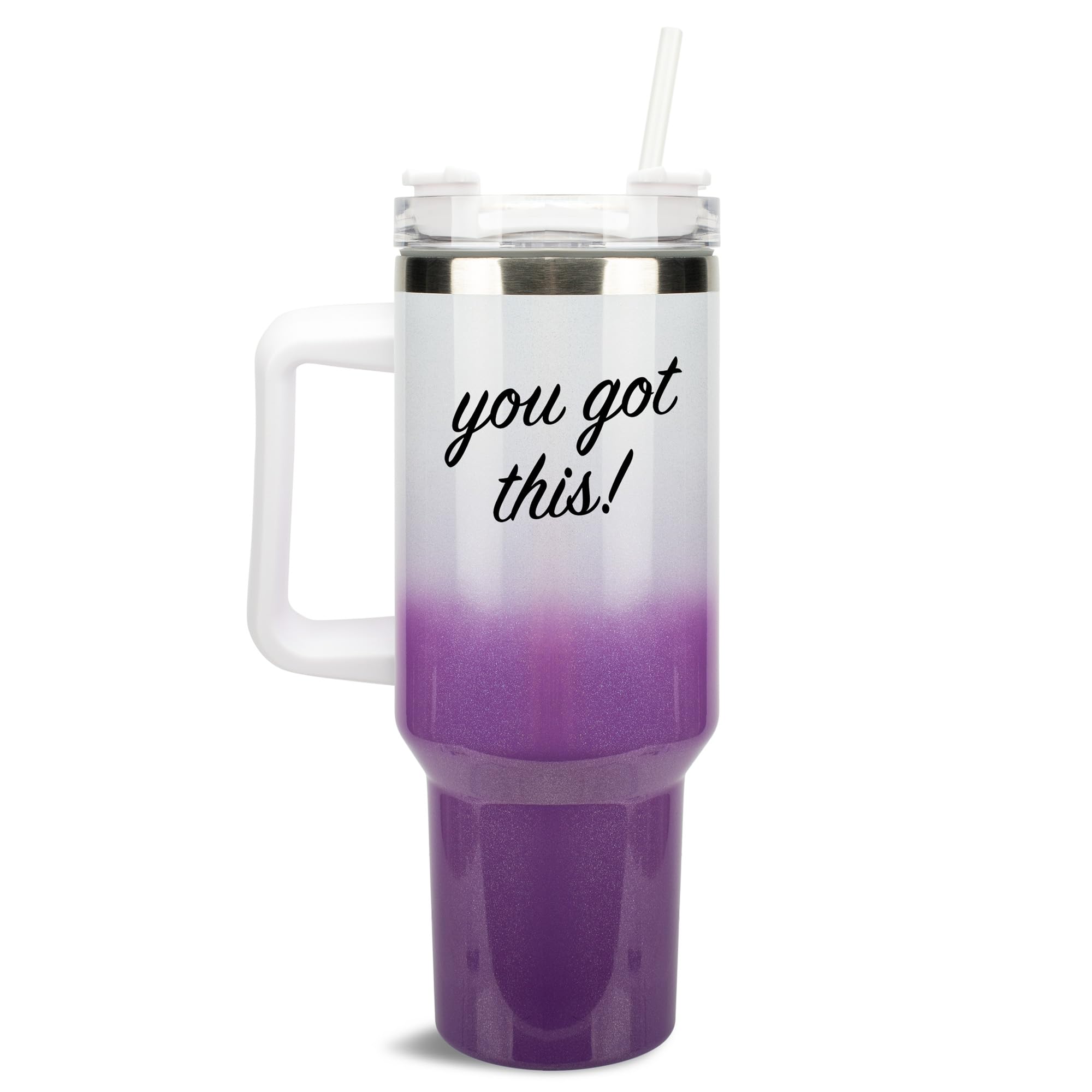 Elanze Designs You Got This Motivation 40 oz. Stainless Steel, Large Water Bottle Coffee Mug, Spill & Leak Resistant, Thermal Travel Tumbler with Handle, Lid & Straw, White/Purple