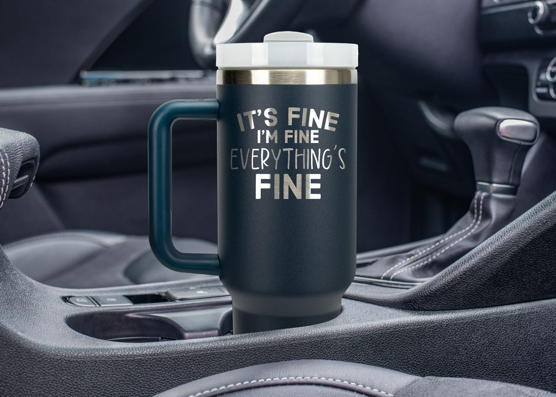 Elanze Designs It's Fine I'm Fine Everything's Fine 40 oz. Stainless Steel, Large Water Bottle Coffee Mug, Spill & Leak Resistant, Thermal Travel Tumbler with Handle, Lid & Straw, Navy Blue