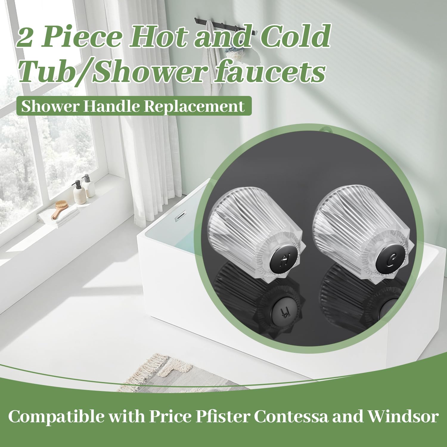 Shower Knob Replacement Compatible with Price Pfister Contessa & Windsor Tub and Shower Faucet Shower Knobs, Shower Knobs 2 Piece Replacement for Pfister Shower Handle Replacement, Clear Acrylic