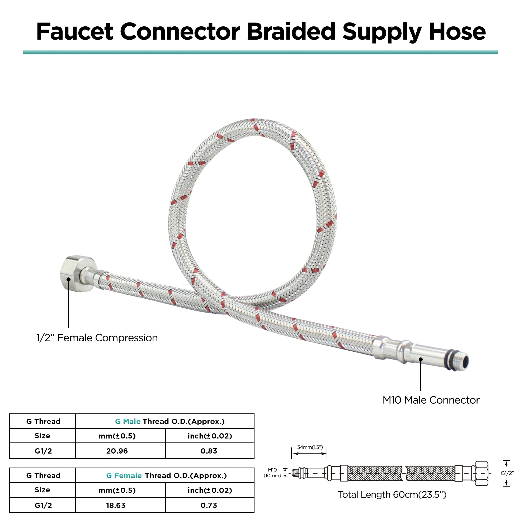 23.5-Inch Bathroom Kitchen Faucet Connector Braided Stainless Steel Supply Hose G1/2'' Female Compression Thread x M10 Male Connector Faucet Supply Line 2 Pcs(1 pair)