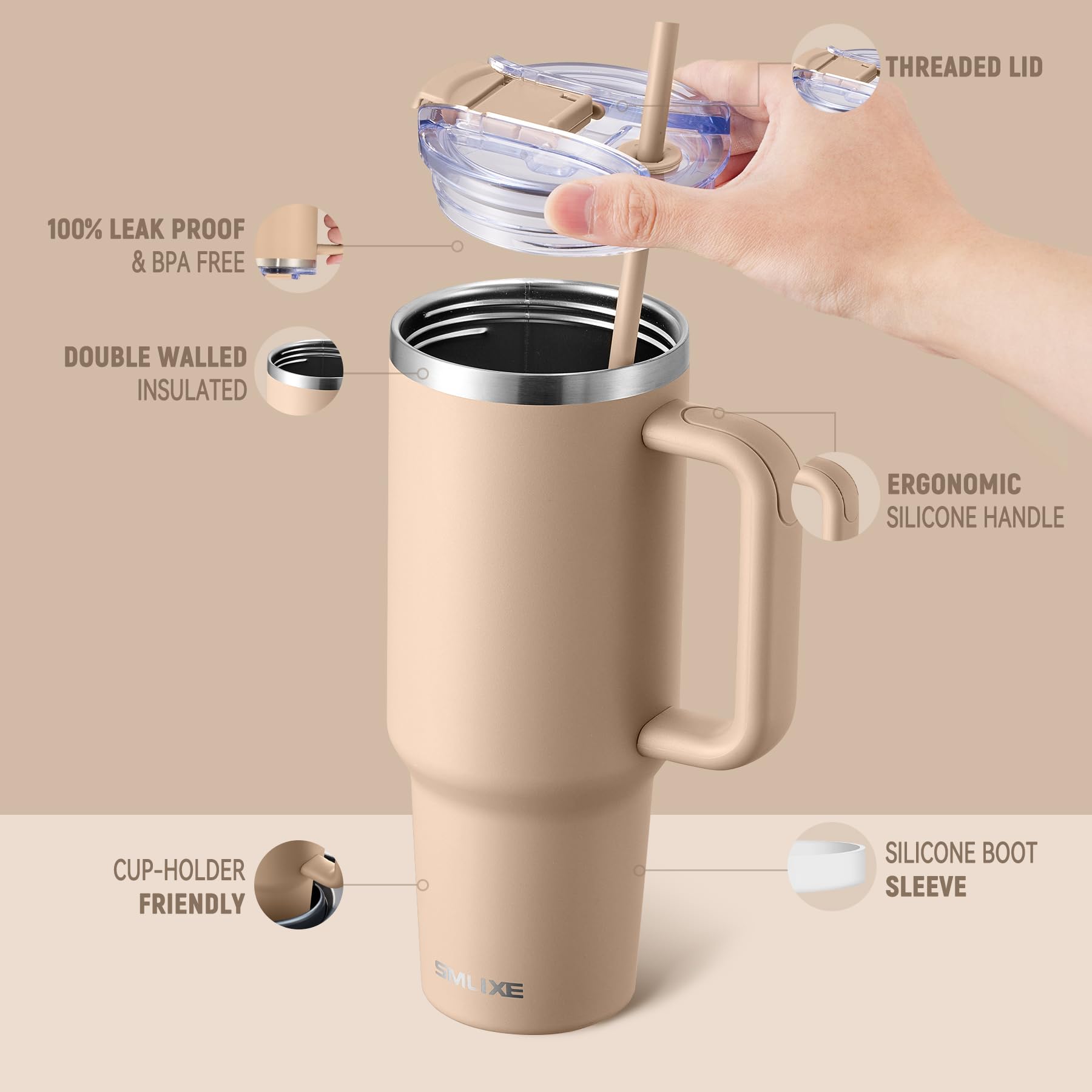 SMLIXE 40 oz Tumbler with Handle and Straw Lid,Insulated Reusable Stainless Steel Water Bottle Travel Mug,Cupholder Friendly Double Wall Vacuum Sealed Cup (Mocha)