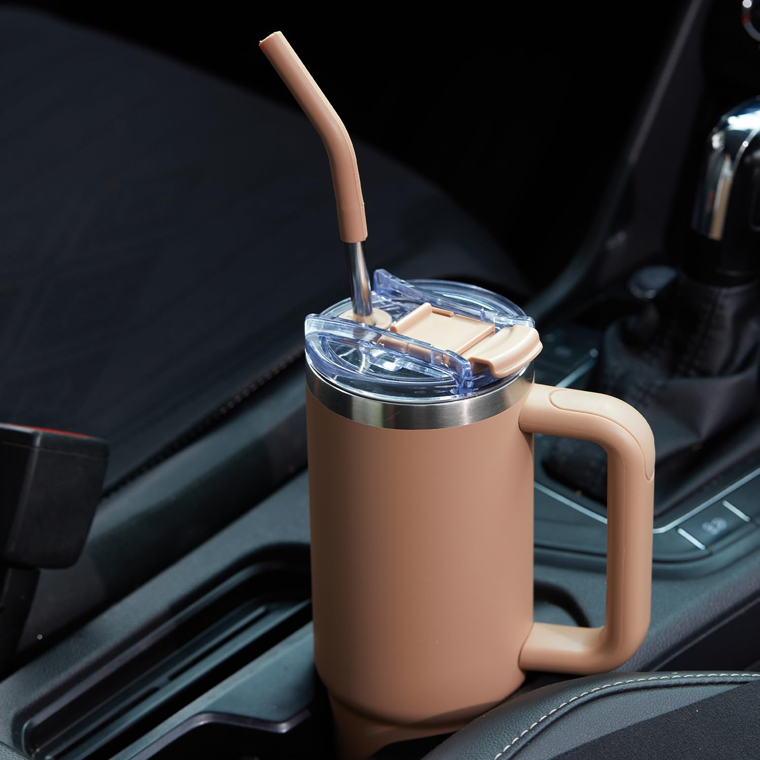 SMLIXE 40 oz Tumbler with Handle and Straw Lid,Insulated Reusable Stainless Steel Water Bottle Travel Mug,Cupholder Friendly Double Wall Vacuum Sealed Cup (Mocha)