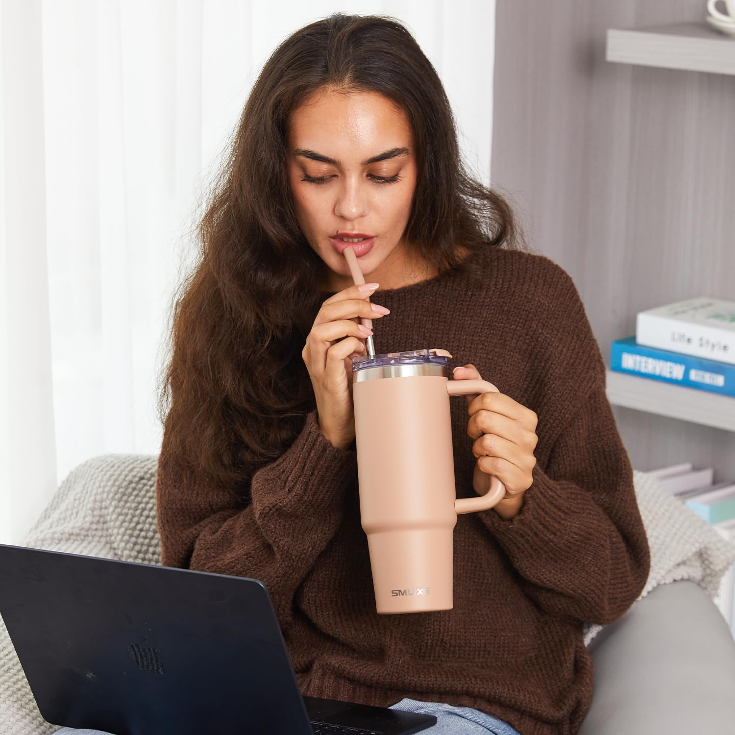 SMLIXE 40 oz Tumbler with Handle and Straw Lid,Insulated Reusable Stainless Steel Water Bottle Travel Mug,Cupholder Friendly Double Wall Vacuum Sealed Cup (Mocha)