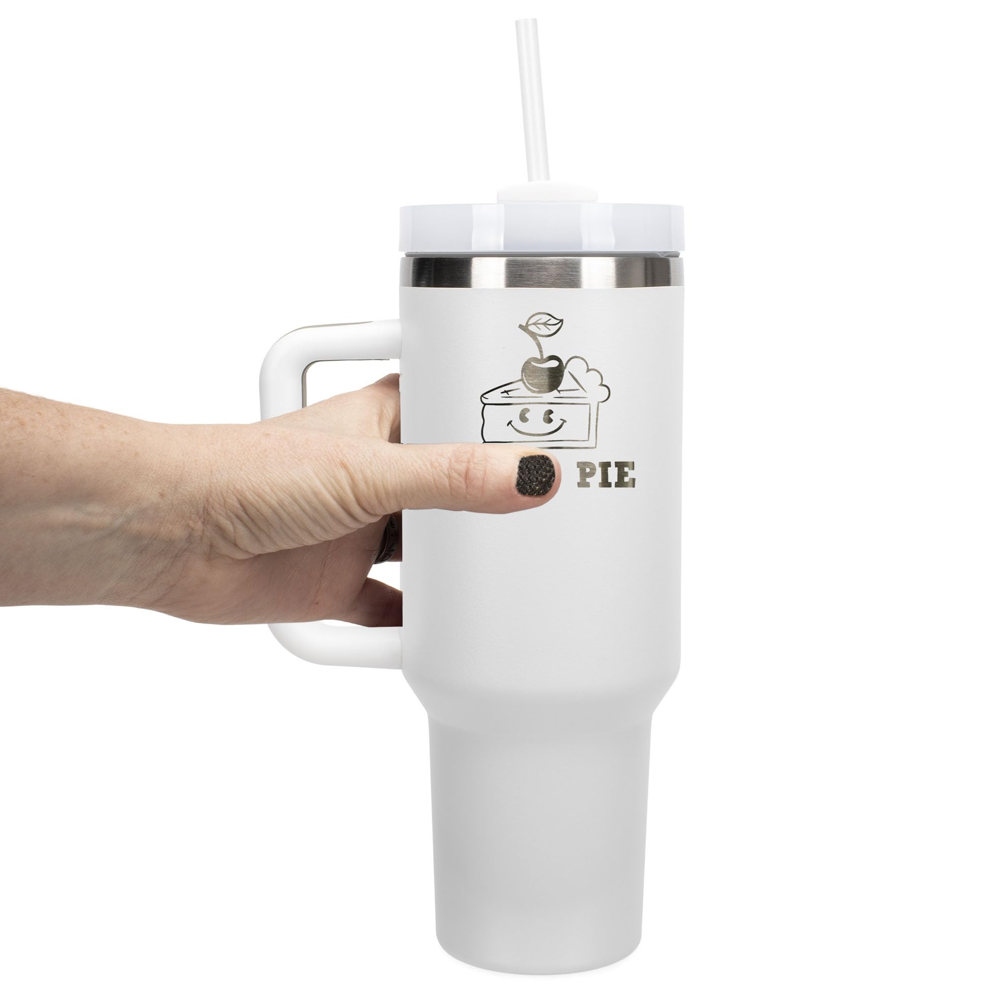 100 North Cutie Pie Cherry Slice Cartoon 40 oz. Stainless Steel, Large Water Bottle Coffee Mug, Spill & Leak Resistant, Thermal Travel Tumbler with Handle, Lid & Straw, White