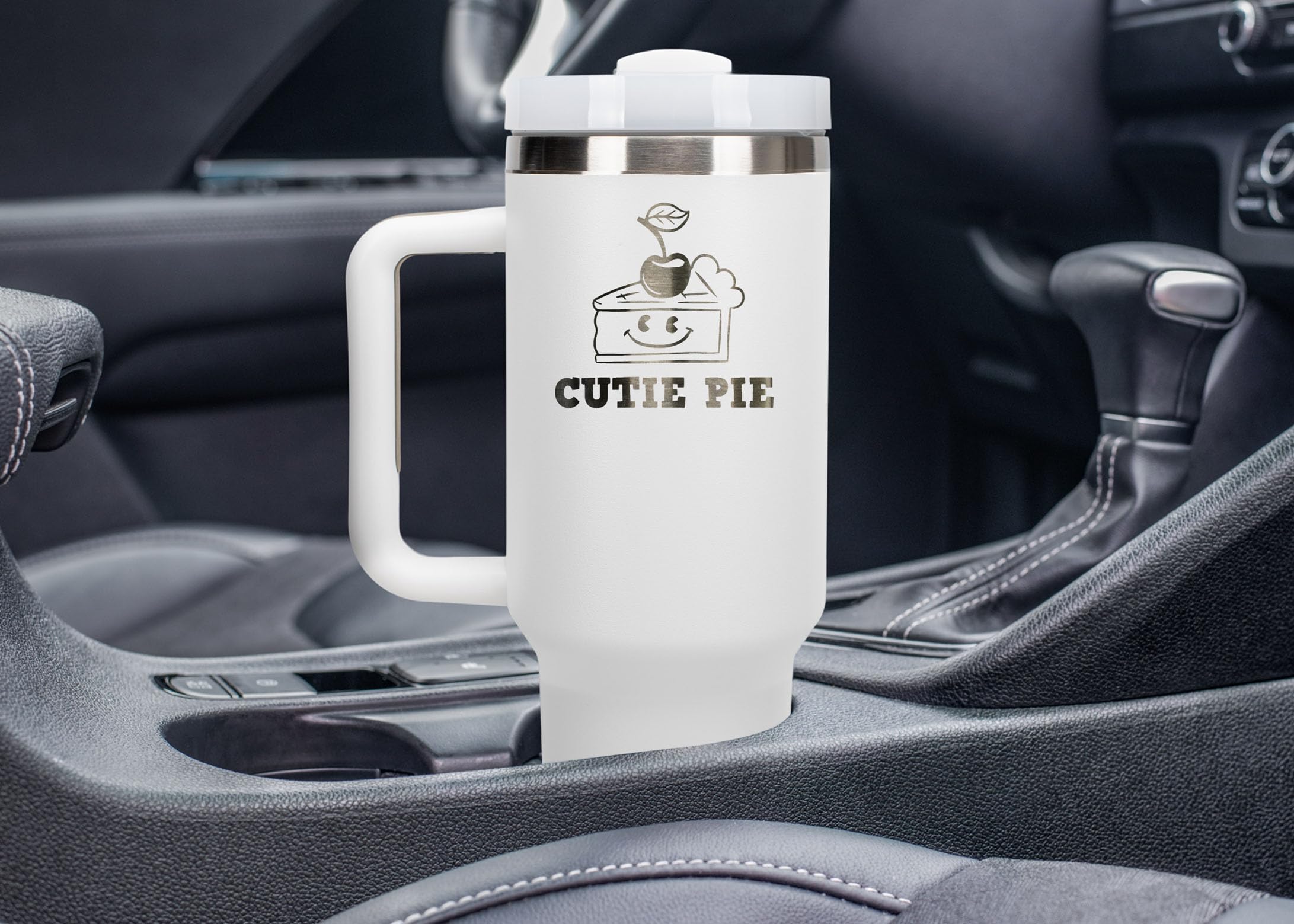 100 North Cutie Pie Cherry Slice Cartoon 40 oz. Stainless Steel, Large Water Bottle Coffee Mug, Spill & Leak Resistant, Thermal Travel Tumbler with Handle, Lid & Straw, White