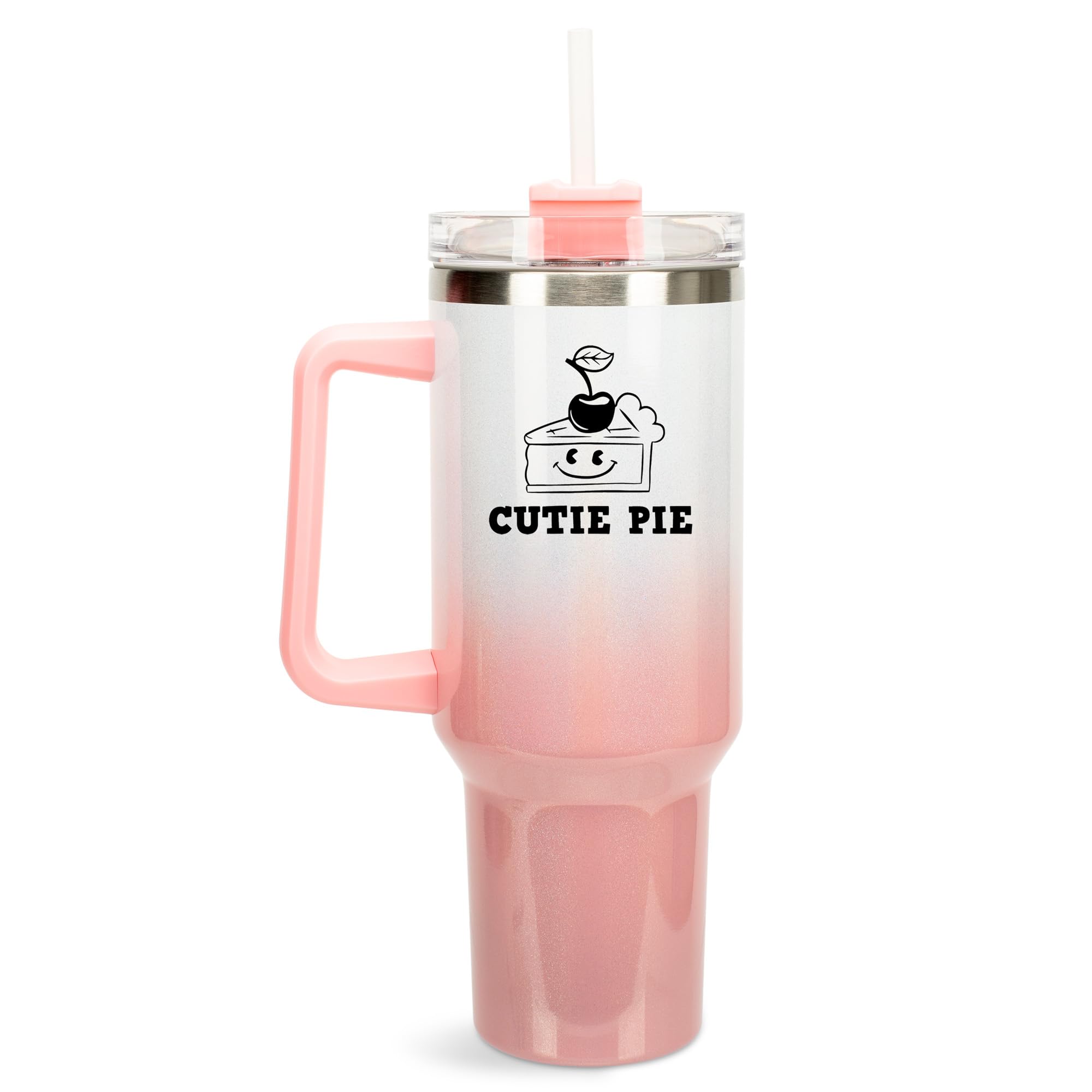 100 North Cutie Pie Cherry Slice Cartoon 40 oz. Stainless Steel, Large Water Bottle Coffee Mug, Spill & Leak Resistant, Thermal Travel Tumbler with Handle, Lid & Straw, White & Pale Pink