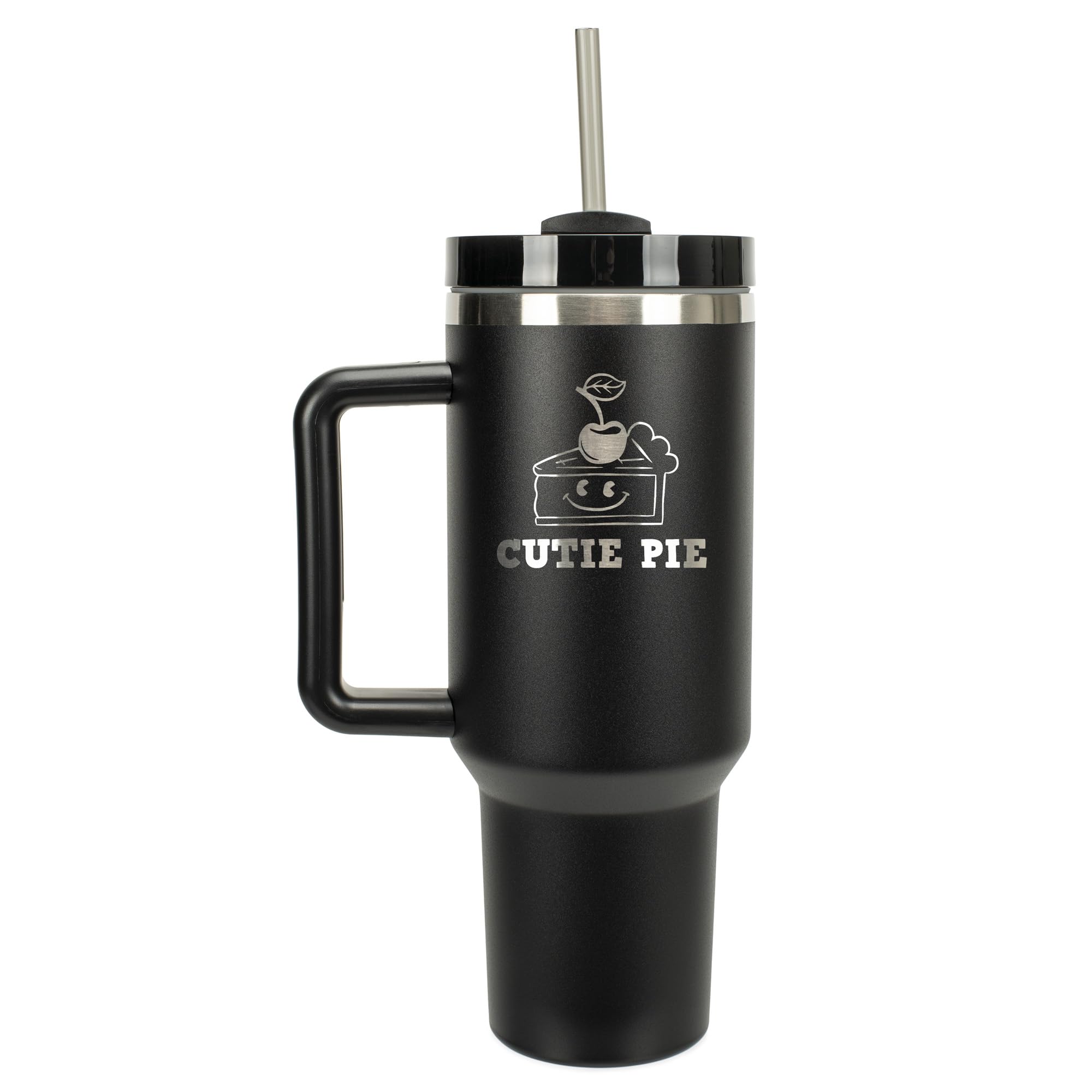 100 North Cutie Pie Cherry Slice Cartoon 40 oz. Stainless Steel, Large Water Bottle Coffee Mug, Spill & Leak Resistant, Thermal Travel Tumbler with Handle, Lid & Straw, Black