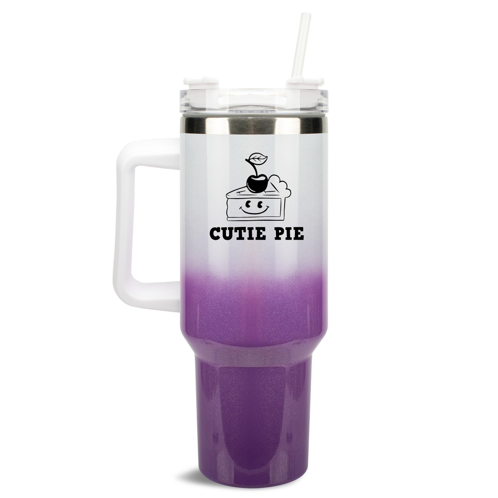 100 North Cutie Pie Cherry Slice Cartoon 40 oz. Stainless Steel, Large Water Bottle Coffee Mug, Spill & Leak Resistant, Thermal Travel Tumbler with Handle, Lid & Straw, White & Purple