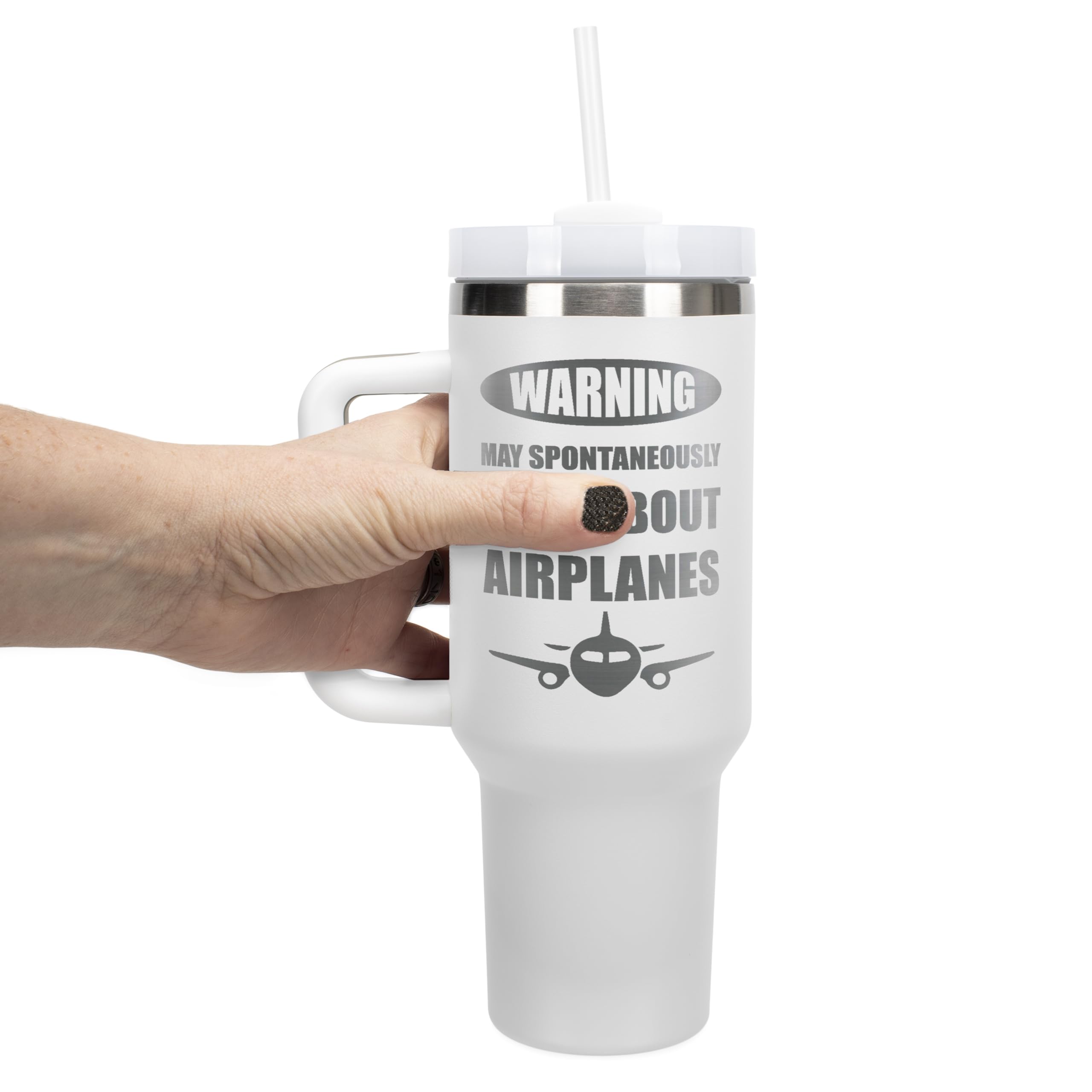 Elanze Designs Warning May Talk About Airplanes Pilot 40 oz. Stainless Steel, Large Water Bottle Coffee Mug, Spill & Leak Resistant, Thermal Travel Tumbler with Handle, Lid & Straw, White