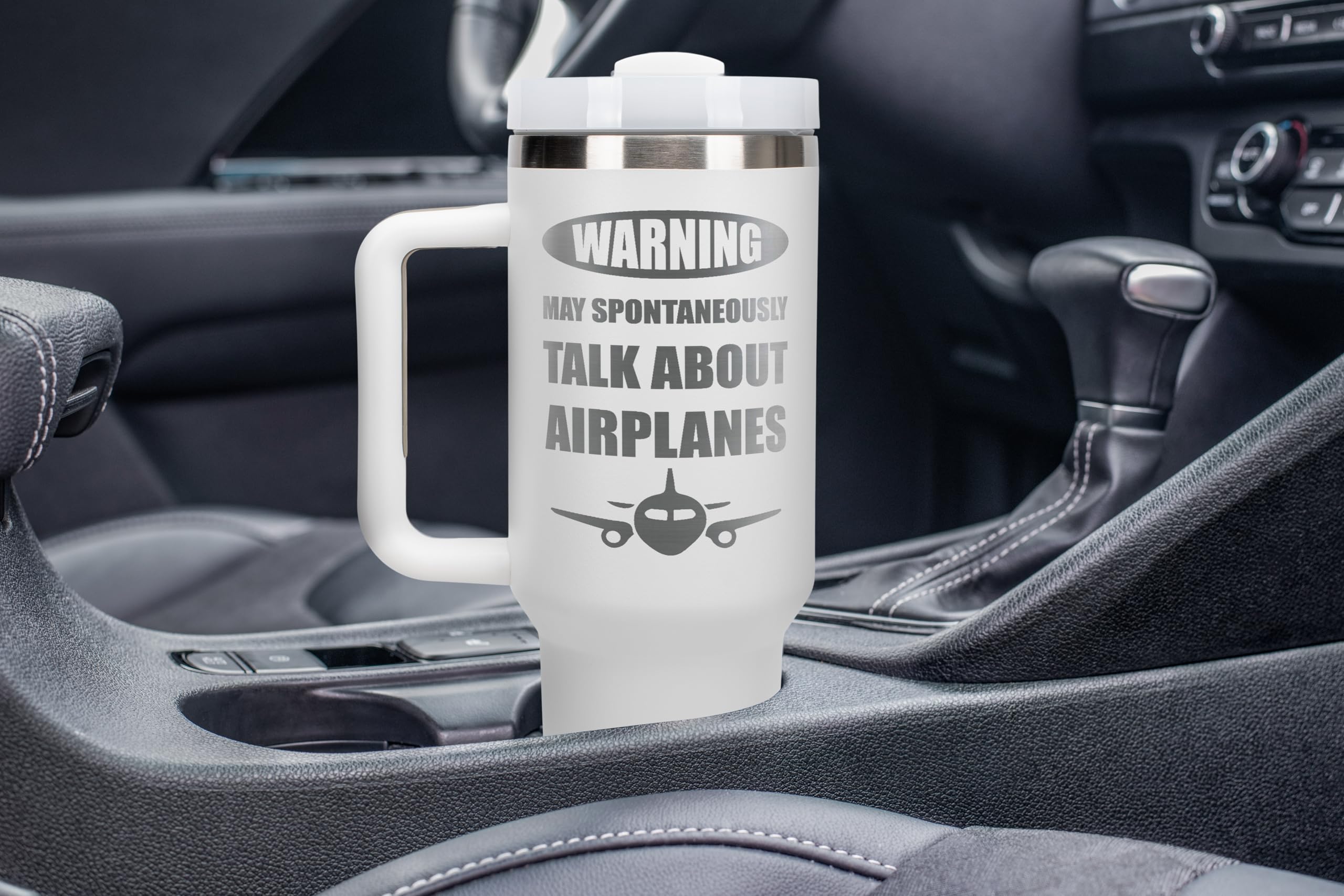 Elanze Designs Warning May Talk About Airplanes Pilot 40 oz. Stainless Steel, Large Water Bottle Coffee Mug, Spill & Leak Resistant, Thermal Travel Tumbler with Handle, Lid & Straw, White