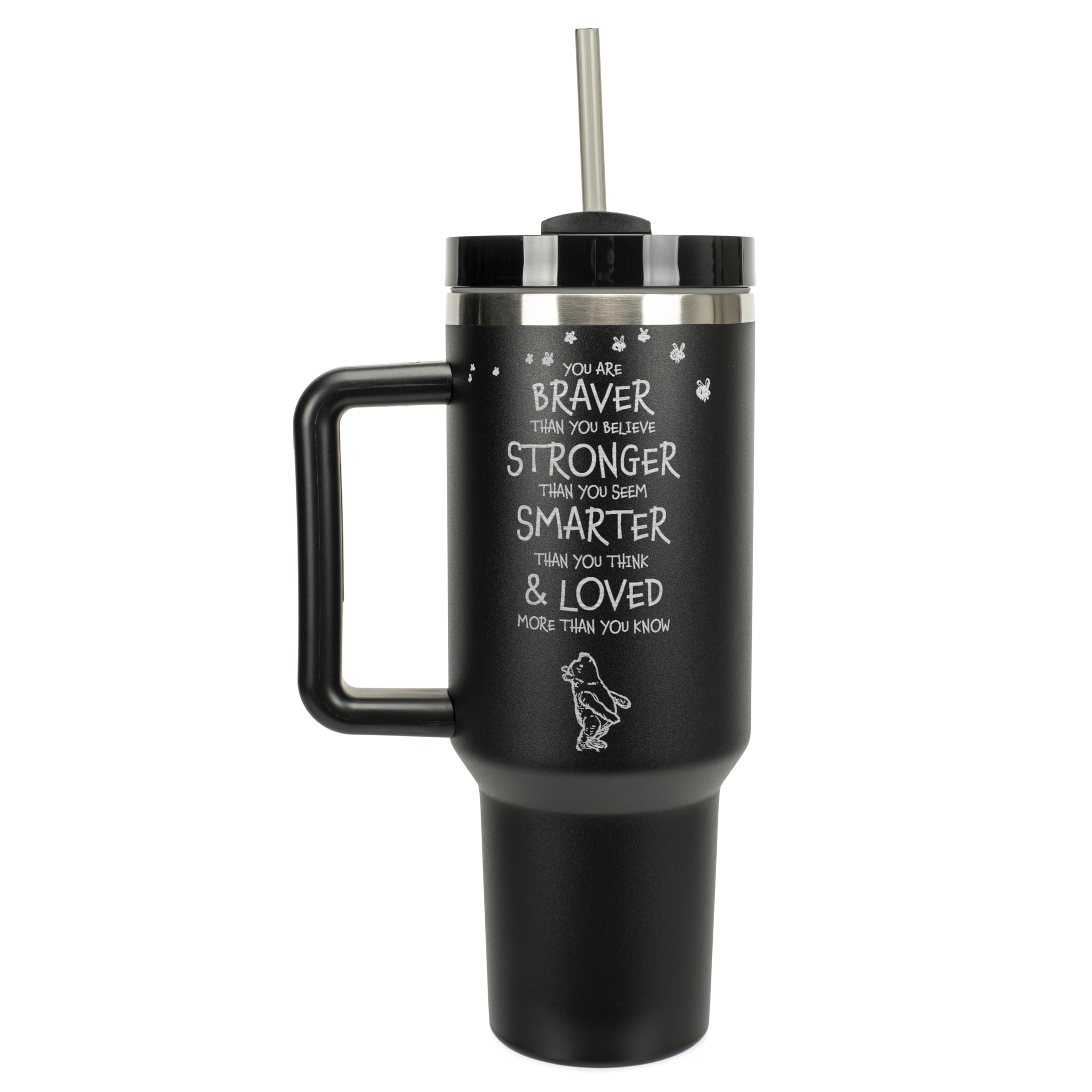 Elanze Designs Pooh Classic Bear Braver Stronger Smarter 40 oz. Stainless Steel, Large Water Bottle Coffee Mug, Spill & Leak Resistant, Thermal Travel Tumbler with Handle, Lid & Straw, Black