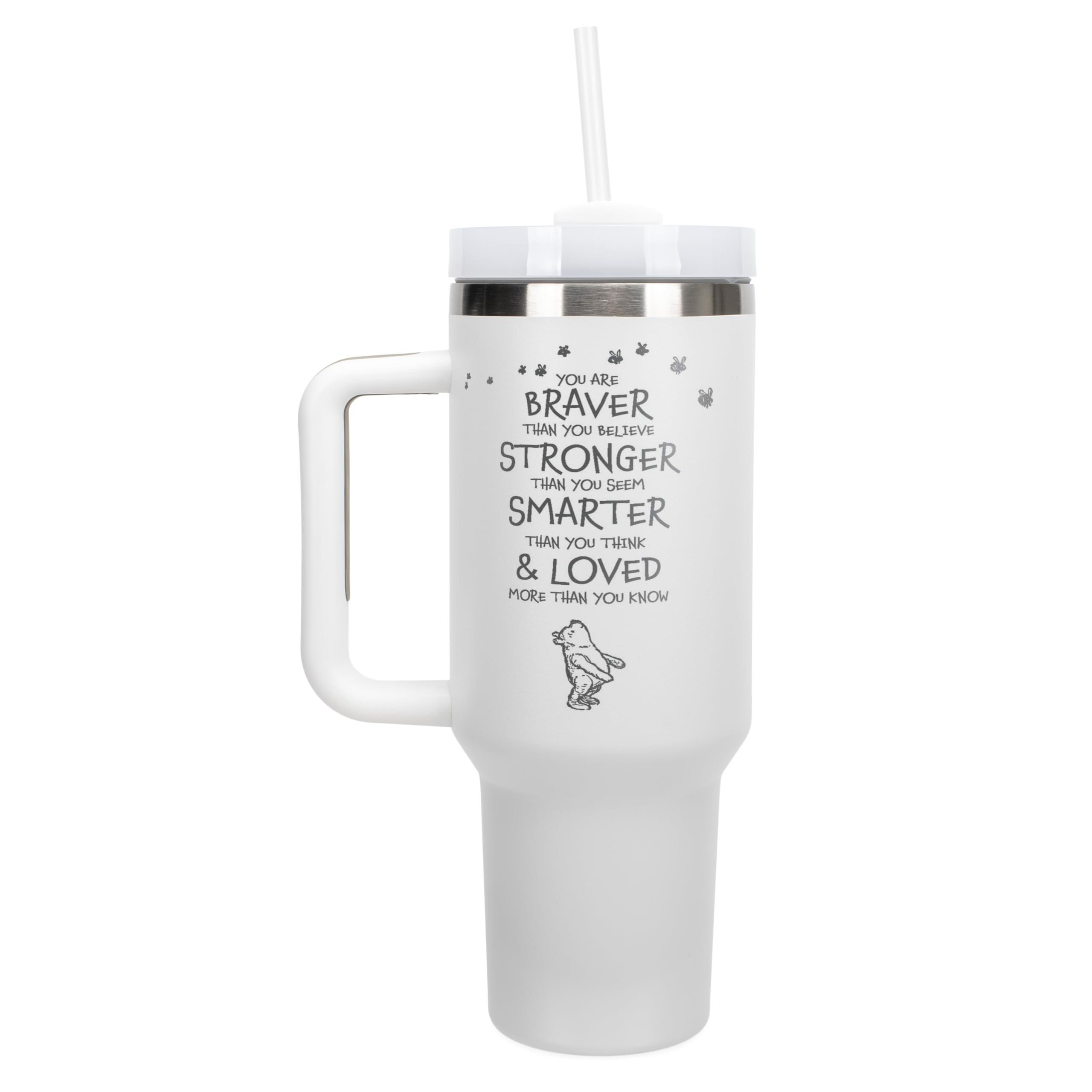 Elanze Designs Pooh Classic Bear Braver Stronger Smarter 40 oz. Stainless Steel, Large Water Bottle Coffee Mug, Spill & Leak Resistant, Thermal Travel Tumbler with Handle, Lid & Straw, White