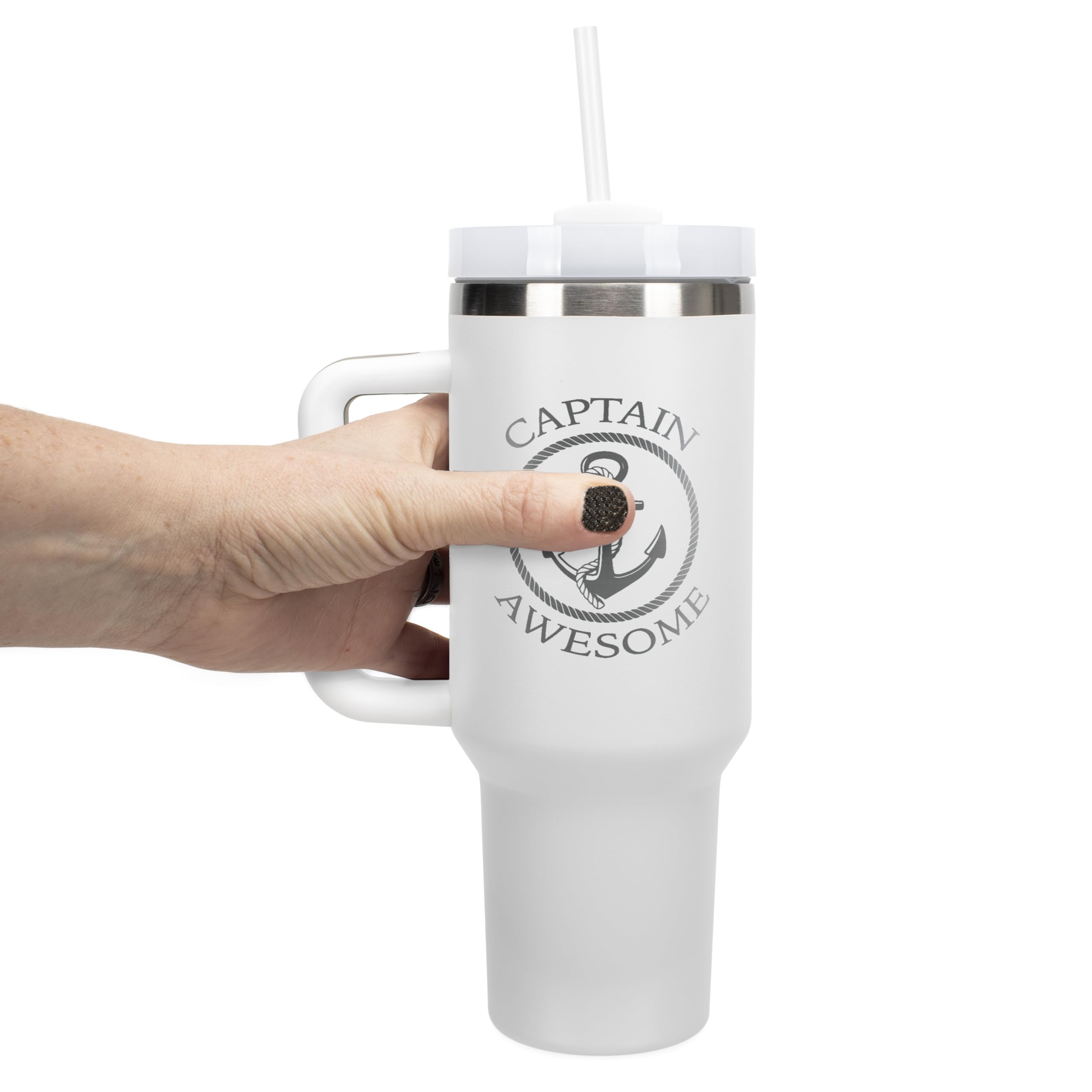 Elanze Designs Captain Awesome Nautical Anchor 40 oz. Stainless Steel, Large Water Bottle Coffee Mug, Spill & Leak Resistant, Thermal Travel Tumbler with Handle, Lid & Straw, White
