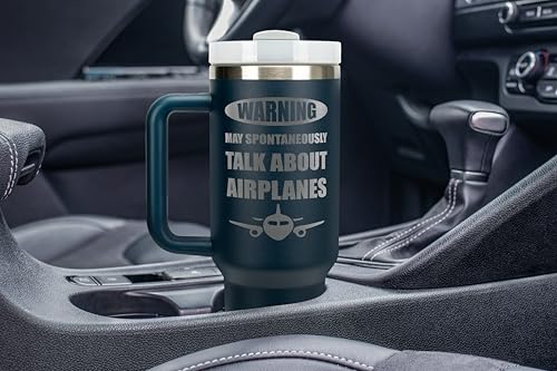 Elanze Designs Warning May Talk About Airplanes Pilot 40 oz. Stainless Steel, Large Water Bottle Coffee Mug, Spill & Leak Resistant, Thermal Travel Tumbler with Handle, Lid & Straw, Navy Blue