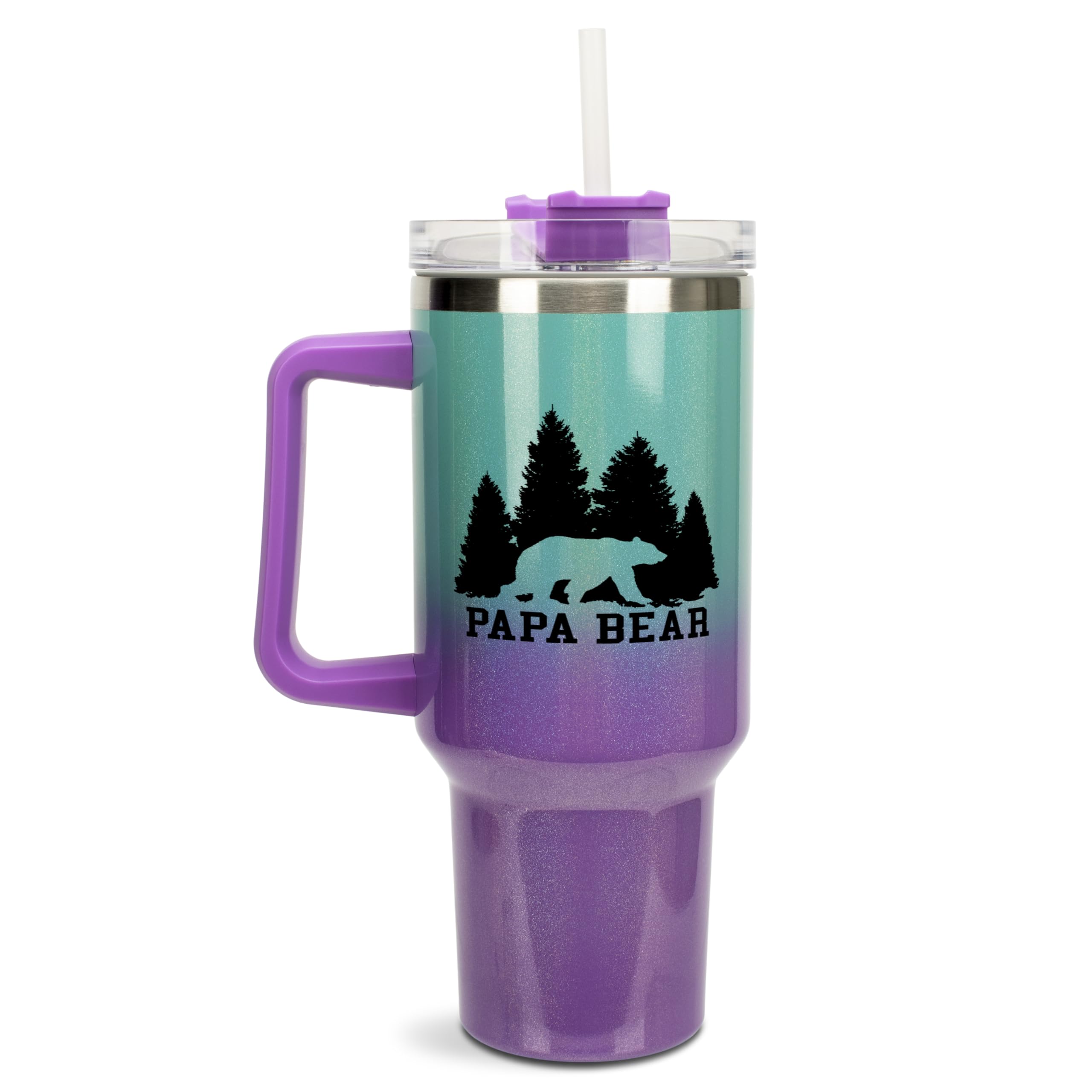 Elanze Designs Papa Bear Forest Trees Dad Grandpa 40 oz. Stainless Steel, Large Water Bottle Coffee Mug, Spill & Leak Resistant, Thermal Travel Tumbler with Handle, Lid & Straw, Teal/Purple