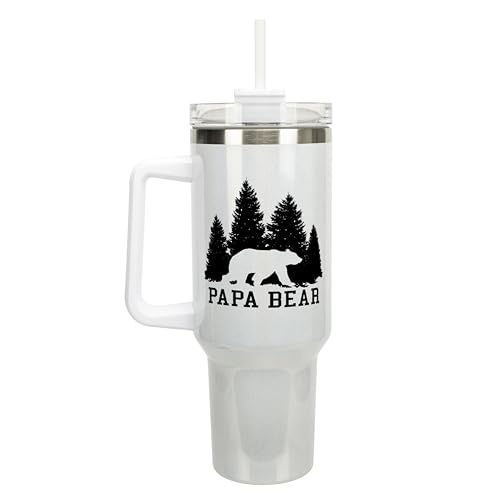 Elanze Designs Papa Bear Forest Trees Dad Grandpa 40 oz. Stainless Steel, Large Water Bottle Coffee Mug, Spill & Leak Resistant, Thermal Travel Tumbler with Handle, Lid & Straw, White Shimmer