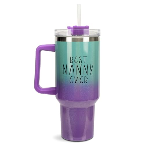 Elanze Designs Best Nanny Ever Childcare Au Pair 40 oz. Stainless Steel, Large Water Bottle Coffee Mug, Spill & Leak Resistant, Thermal Travel Tumbler with Handle, Lid & Straw, Teal/Purple