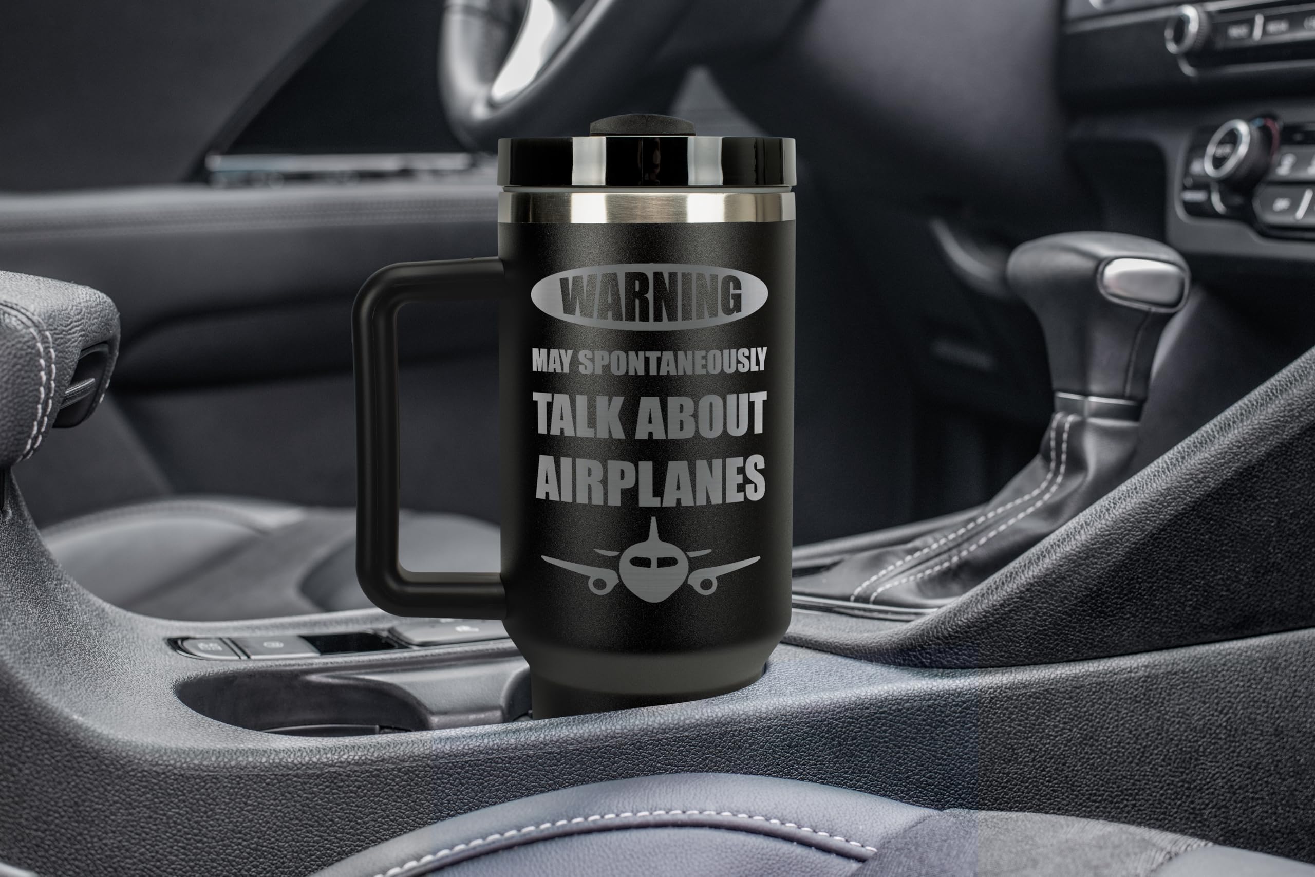 Elanze Designs Warning May Talk About Airplanes Pilot 40 oz. Stainless Steel, Large Water Bottle Coffee Mug, Spill & Leak Resistant, Thermal Travel Tumbler with Handle, Lid & Straw, Black