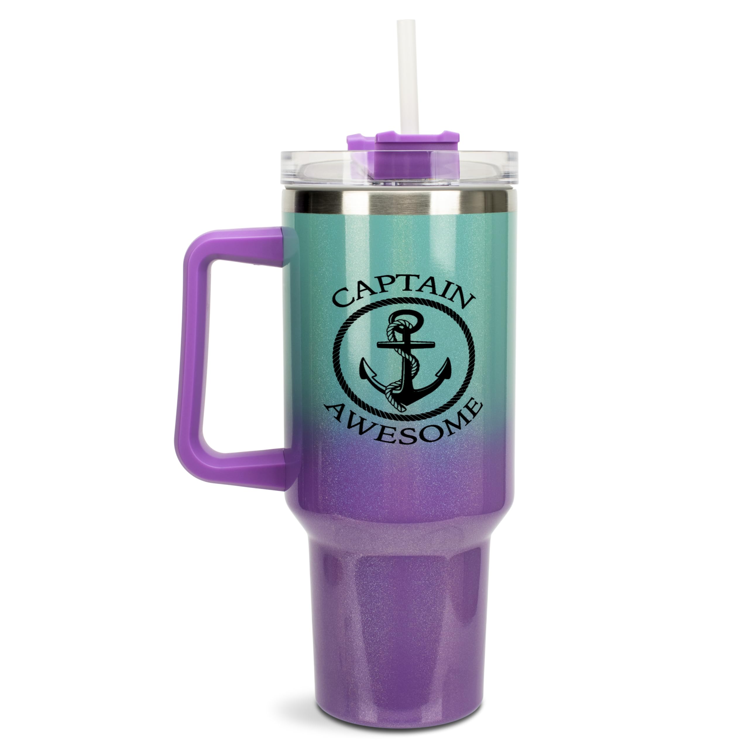 Elanze Designs Captain Awesome Nautical Anchor 40 oz. Stainless Steel, Large Water Bottle Coffee Mug, Spill & Leak Resistant, Thermal Travel Tumbler with Handle, Lid & Straw, Teal/Purple