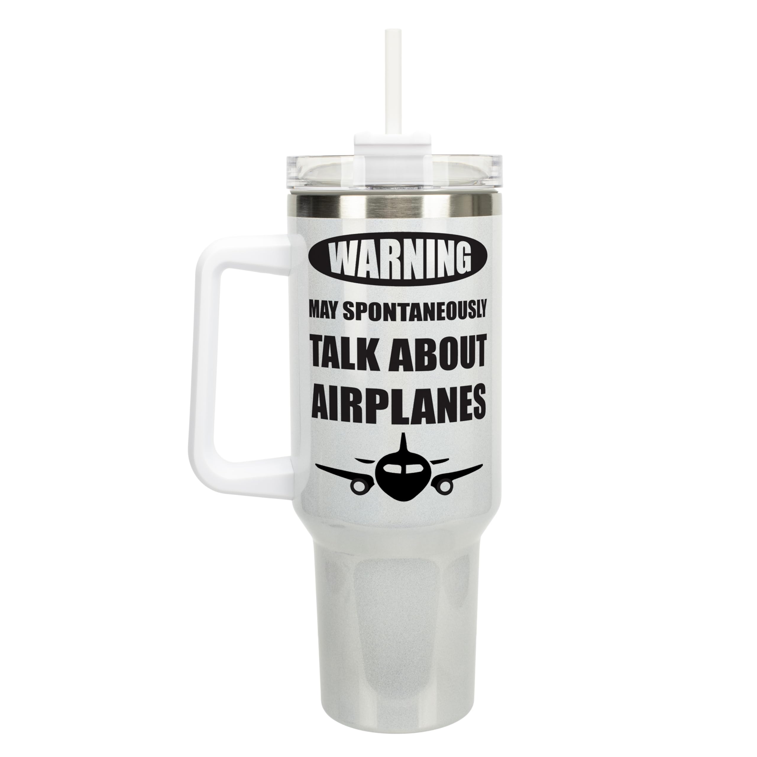 Elanze Designs Warning May Talk About Airplanes Pilot 40 oz. Stainless Steel, Large Water Bottle Coffee Mug, Spill & Leak Resistant, Thermal Travel Tumbler with Handle, Lid & Straw, White Shimmer