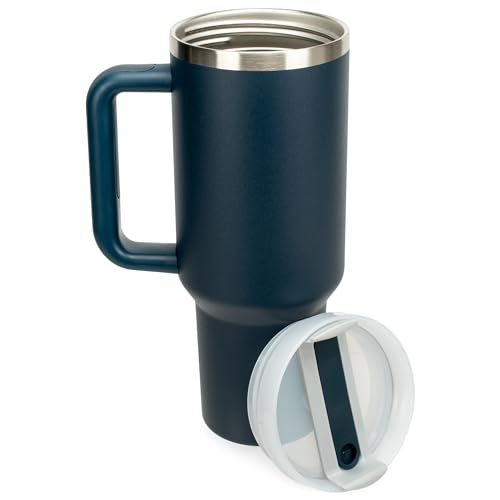 Elanze Designs Papa Bear Forest Trees Dad Grandpa 40 oz. Stainless Steel, Large Water Bottle Coffee Mug, Spill & Leak Resistant, Thermal Travel Tumbler with Handle, Lid & Straw, Navy Blue