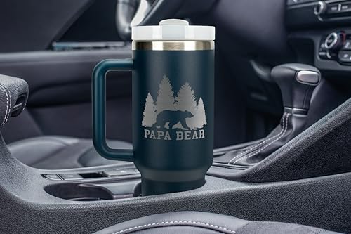Elanze Designs Papa Bear Forest Trees Dad Grandpa 40 oz. Stainless Steel, Large Water Bottle Coffee Mug, Spill & Leak Resistant, Thermal Travel Tumbler with Handle, Lid & Straw, Navy Blue