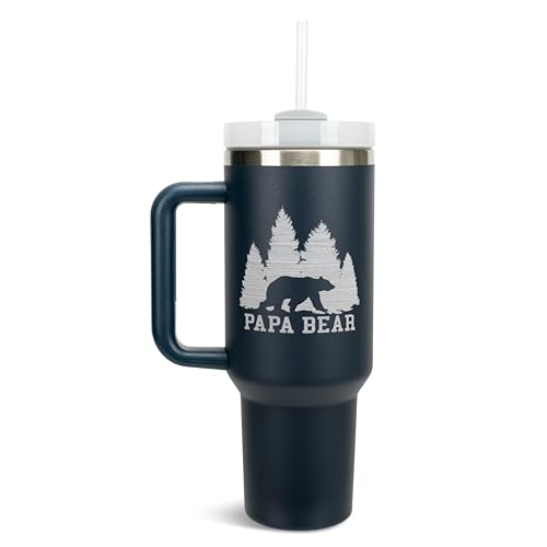 Elanze Designs Papa Bear Forest Trees Dad Grandpa 40 oz. Stainless Steel, Large Water Bottle Coffee Mug, Spill & Leak Resistant, Thermal Travel Tumbler with Handle, Lid & Straw, Navy Blue