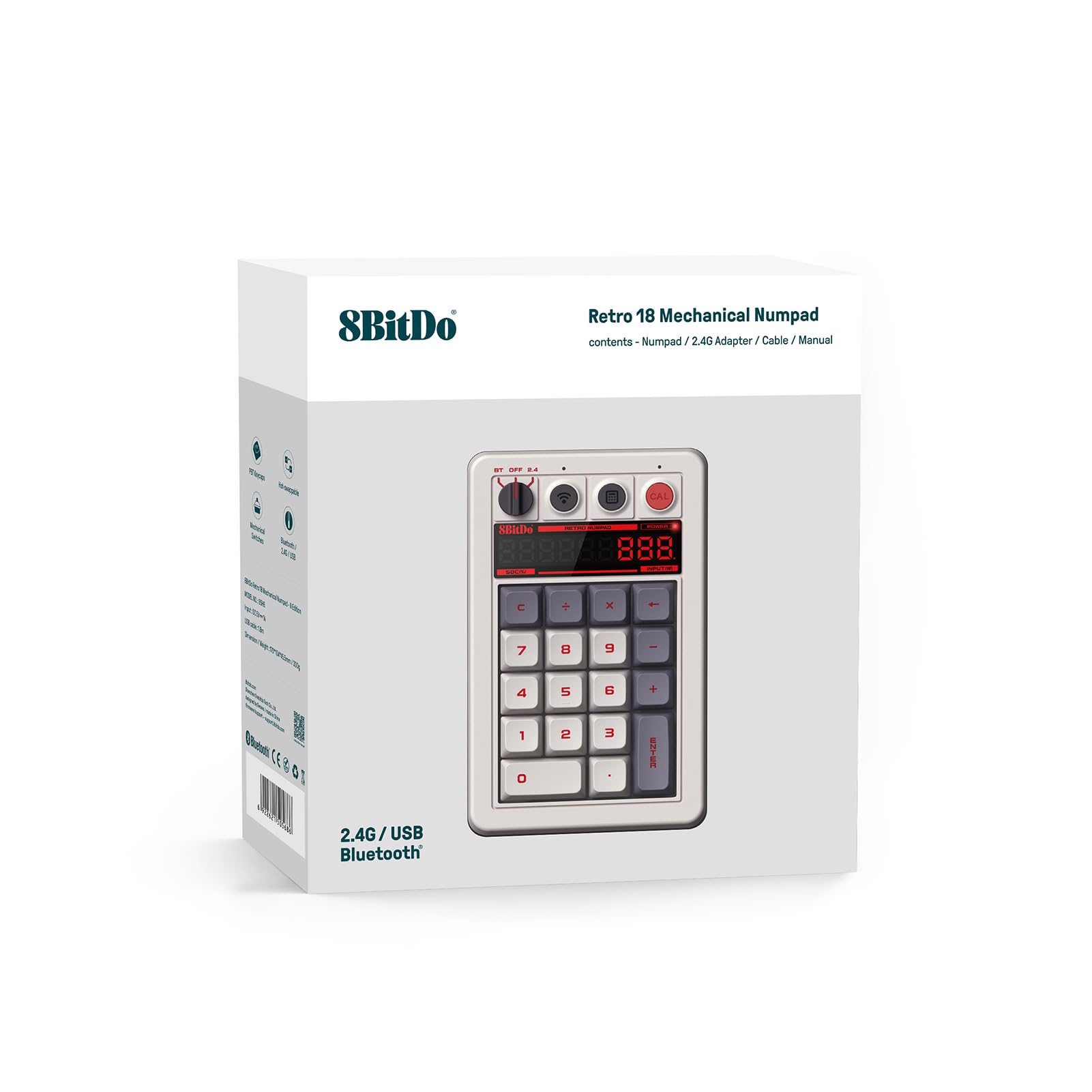 8Bitdo 18 Keys Retro Mechanical Numpad, Supports PC Numpad & Standard Calculator Mode, Hot-swappable, PC Calculator Shortcut Button, Bluetooth/2.4G/Wired Numpad for Windows and Android - N Edition