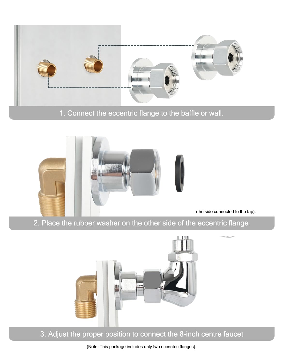 Commercial Sink Coupler Replace Commercial Faucet Parts Adjustable 1/2" NPT Female Eccentric Flange Inlet Brass fit 8" Center Wall Mount Faucets (2 Pcs)