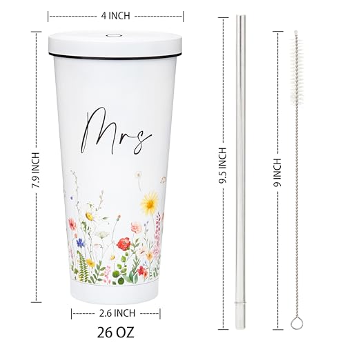 Crisky Wildflower Mrs Gifs Bride Cup for Wedding Engagement Bridal Shower Stainless Insulated Tumbler with Lid & Box 26 OZ