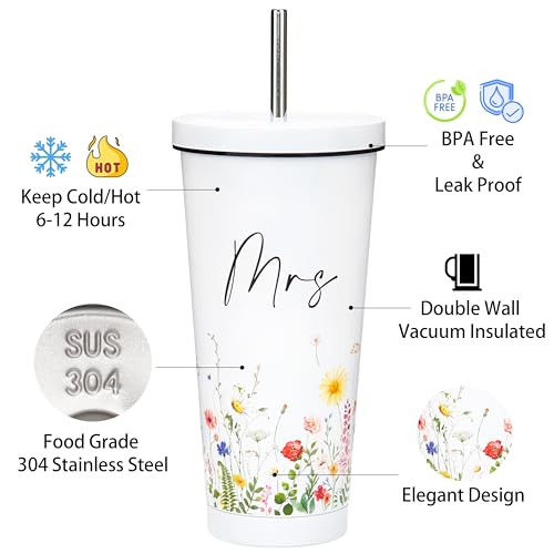 Crisky Wildflower Mrs Gifs Bride Cup for Wedding Engagement Bridal Shower Stainless Insulated Tumbler with Lid & Box 26 OZ