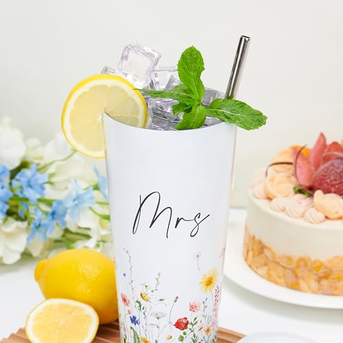 Crisky Wildflower Mrs Gifs Bride Cup for Wedding Engagement Bridal Shower Stainless Insulated Tumbler with Lid & Box 26 OZ