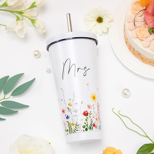 Crisky Wildflower Mrs Gifs Bride Cup for Wedding Engagement Bridal Shower Stainless Insulated Tumbler with Lid & Box 26 OZ