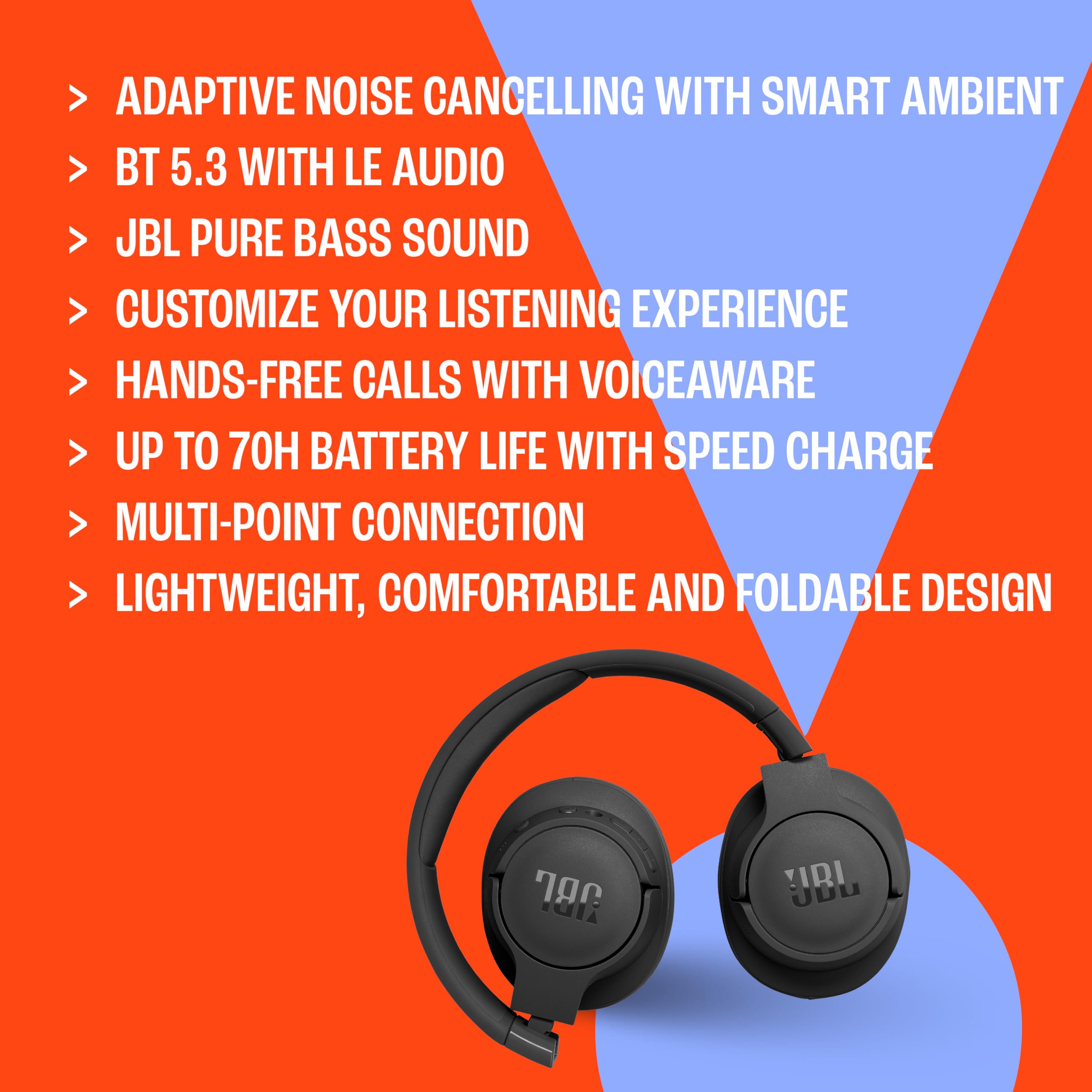 JBL Tune 770NC - Adaptive Noise Cancelling with Smart Ambient Wireless Over-Ear Headphones, Bluetooth 5.3, Up to 70H Battery Life with Speed Charge, Lightweight (Black) (Renewed)